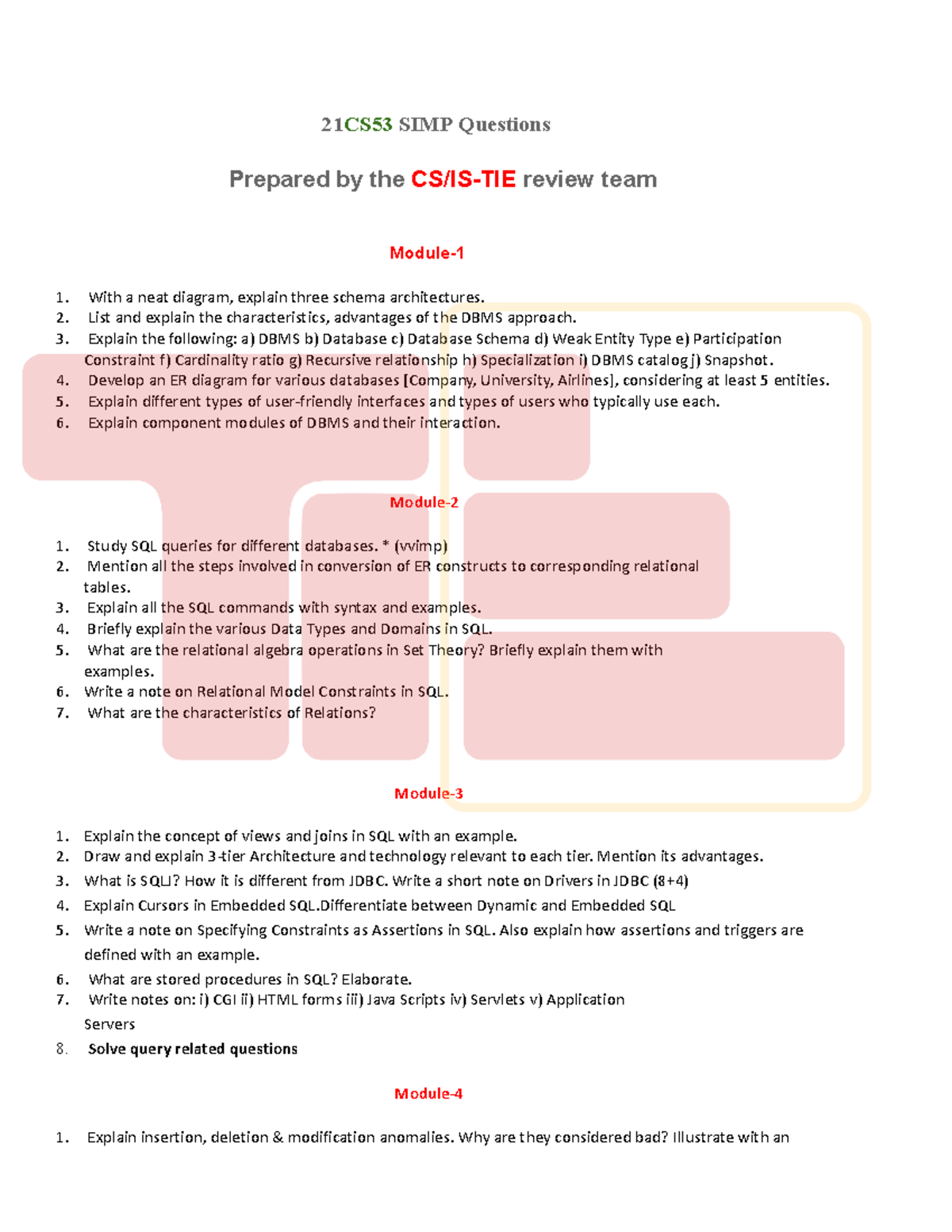 Copy Of 21cs53 Super Imp Tie 23 1 1pdf 21cs53 Simp Questions Prepared By The Csis Tie 
