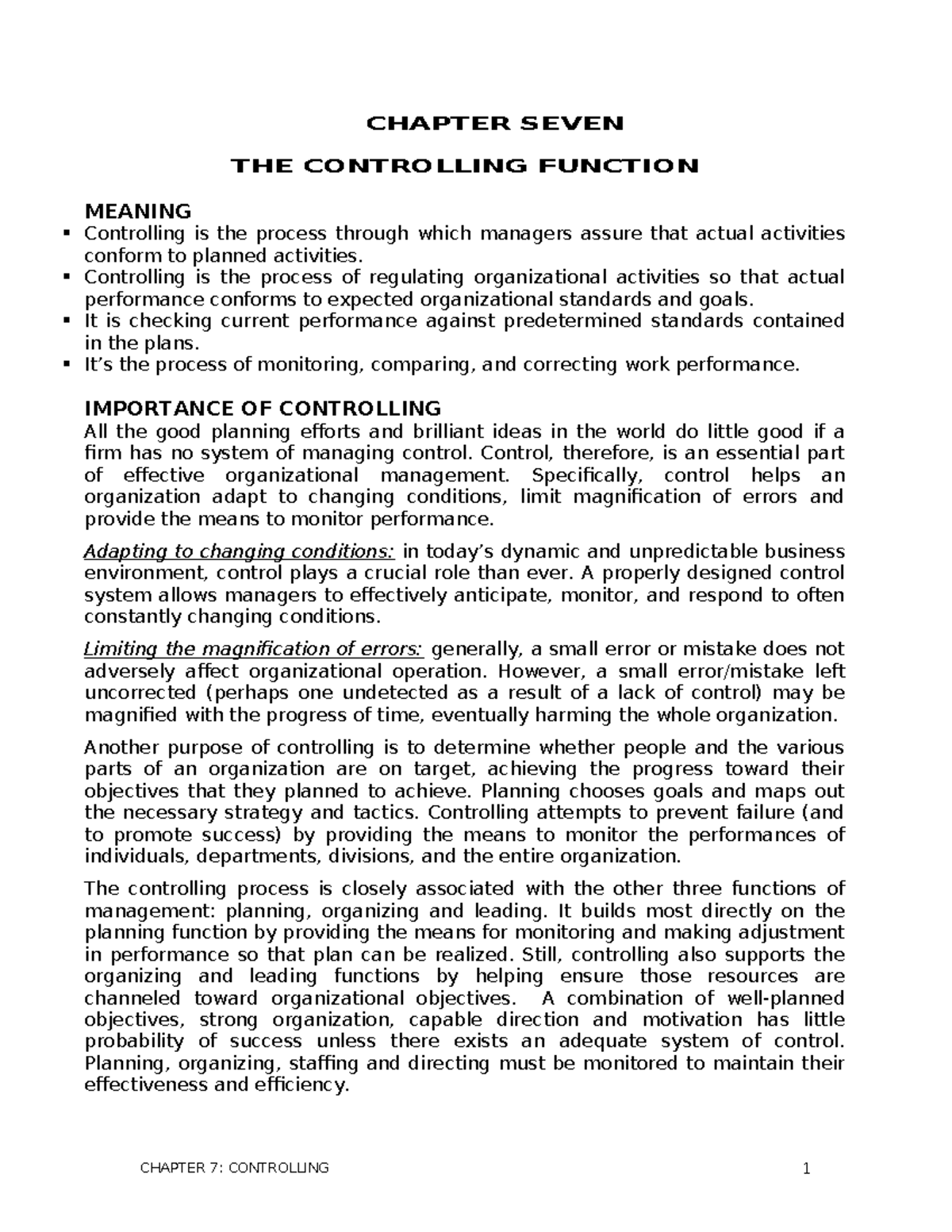 Chapter 7 Controlling Function In Management Chapter Seven The Controlling Function Meaning