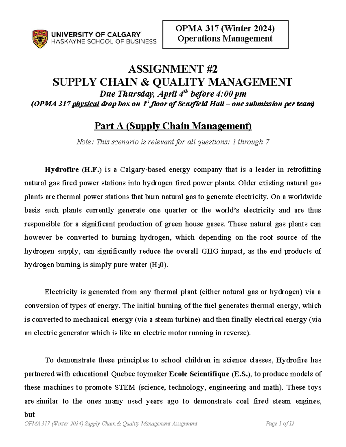 OPMA 317 W24 A2 Case and Questions (SCM and Quality) - ASSIGNMENT ...