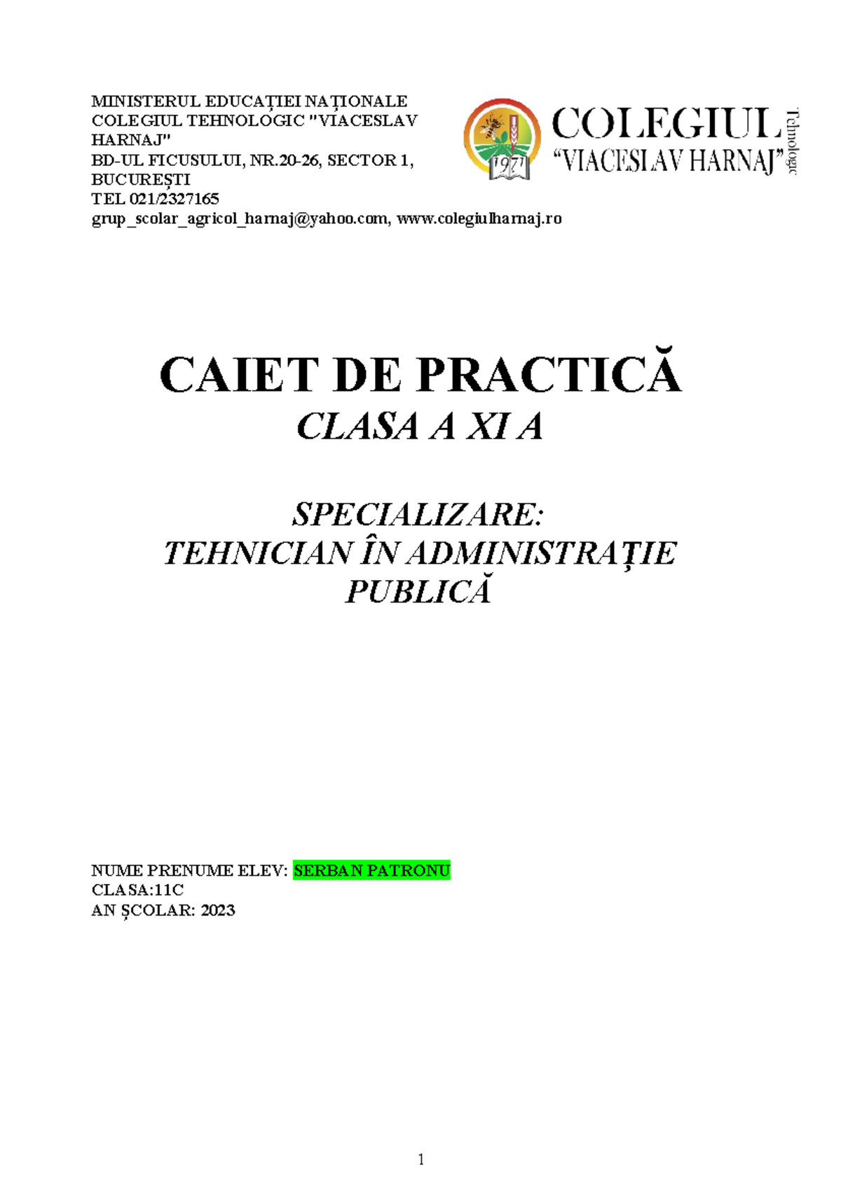 Caiet DE Practica Clasa A 11 A C-1 patron - MINISTERUL EDUCA ȚIEI NA ...
