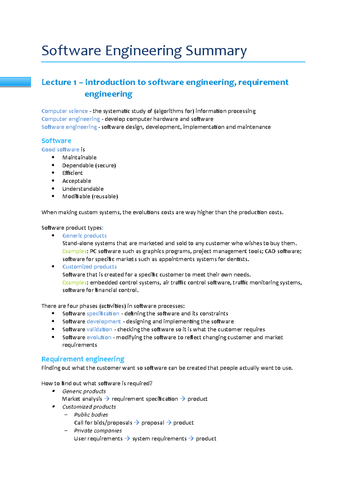 Summary Software Engineering Software Engineering Summary Lecture 1 Introduction To Software