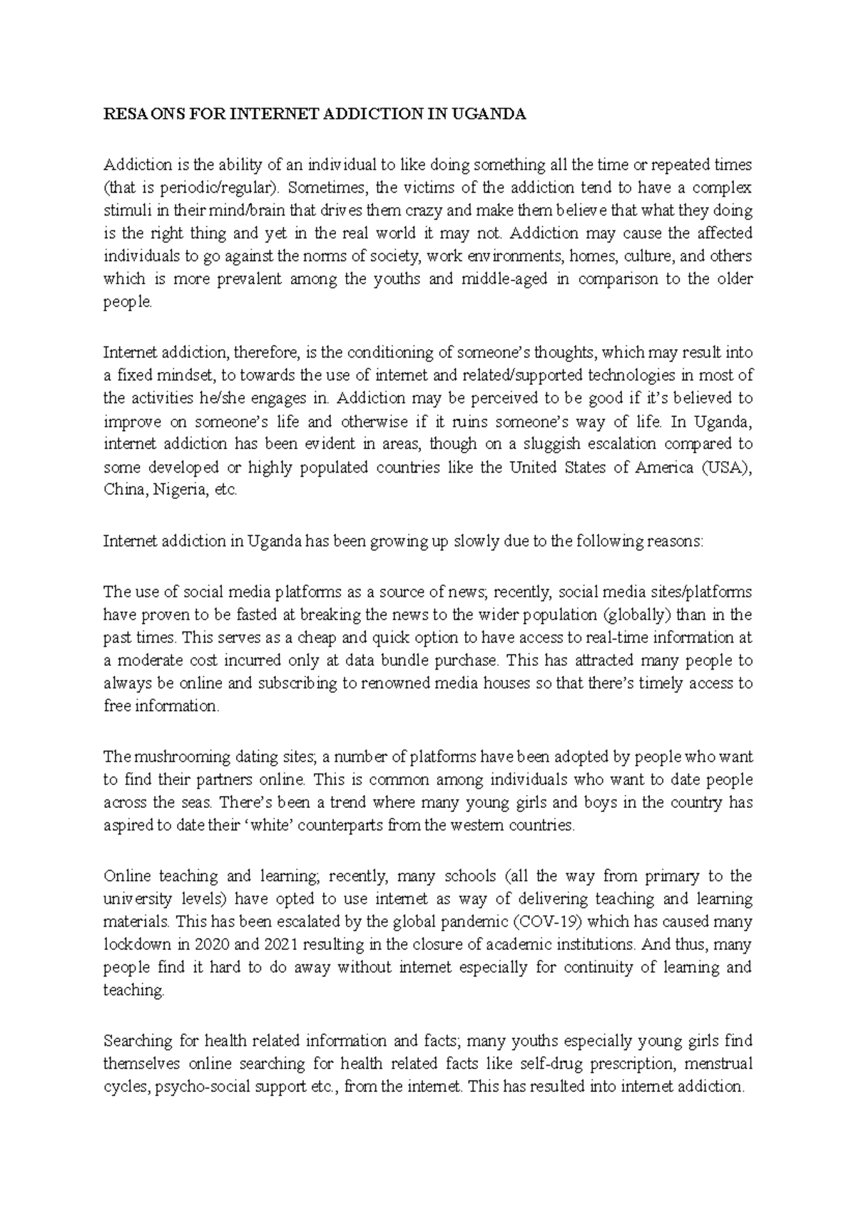Resaons FOR Internet Addiction IN Uganda AND HOW Internet HAS Assited ...