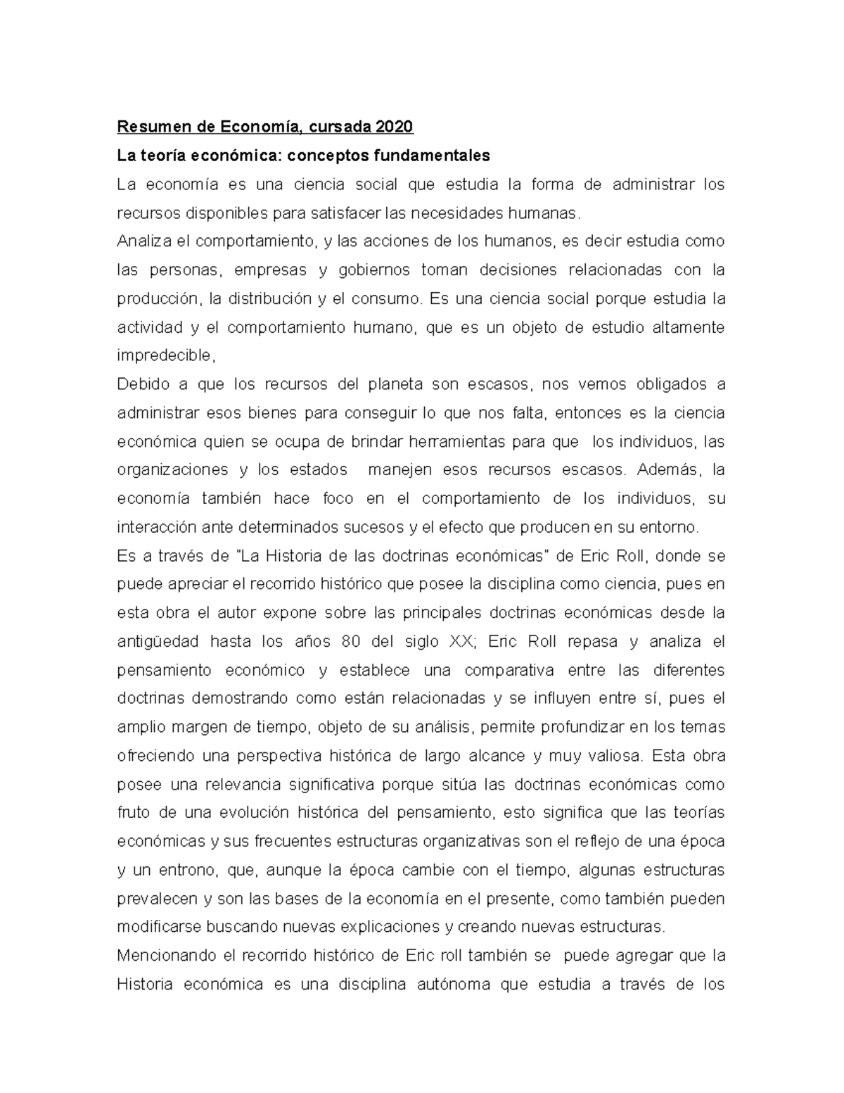 Resumen-economia - resumen sencillo sobre la historia del pensamiento ...