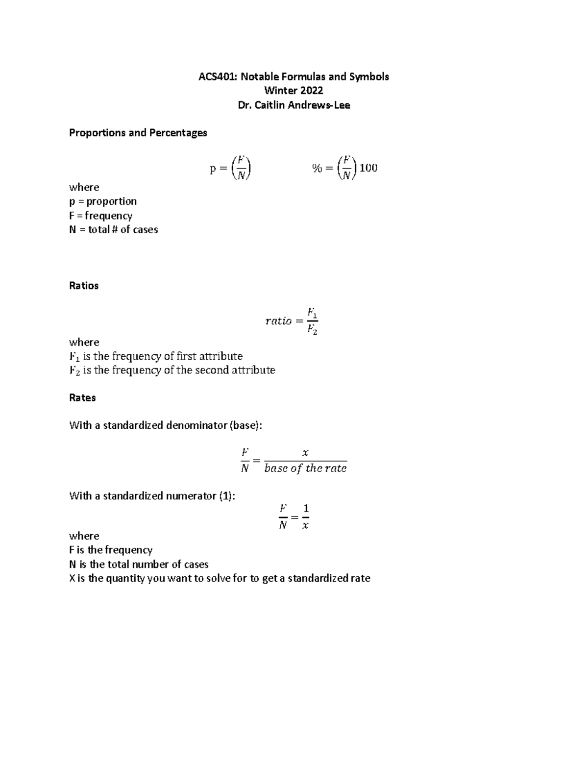 ACS 401 - Formulas and Symbols Guide - ACS401: Notable Formulas and ...