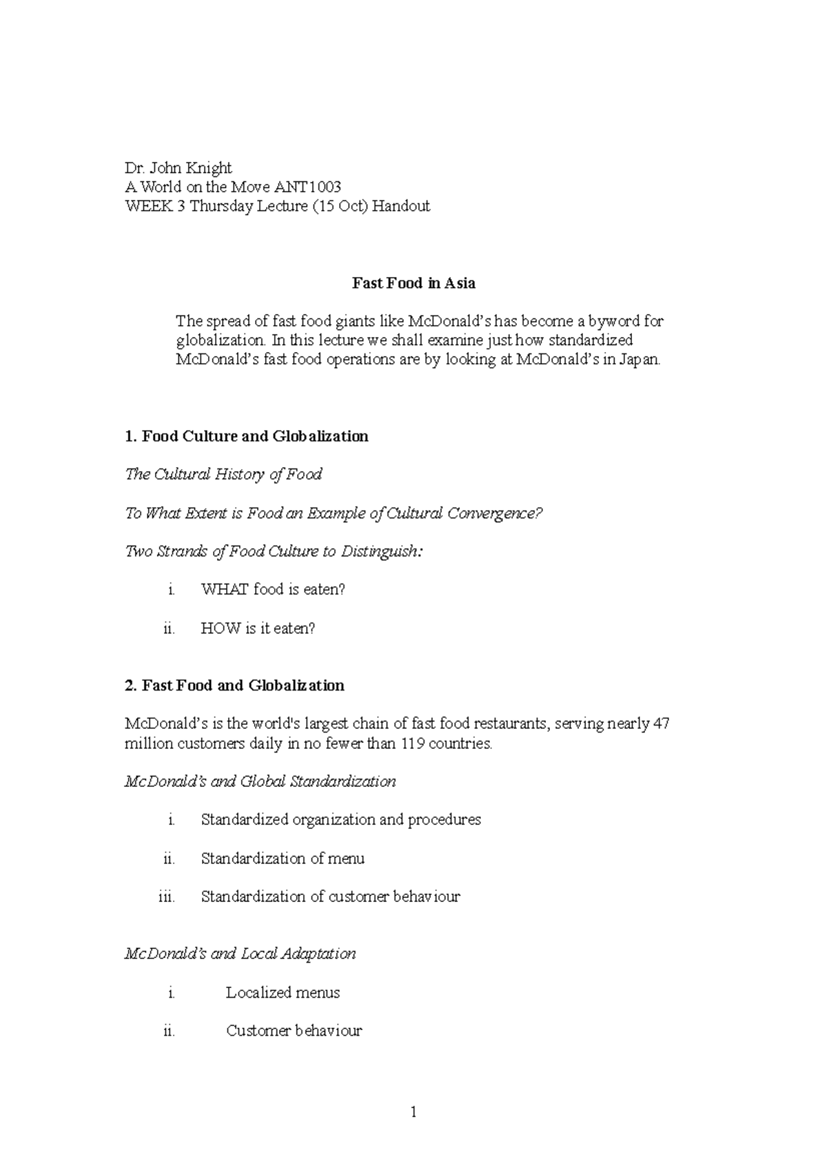 Wo M Wk 3 (Thur) handout (Fast Food in Asia) 2015-16 - Dr. John Knight ...