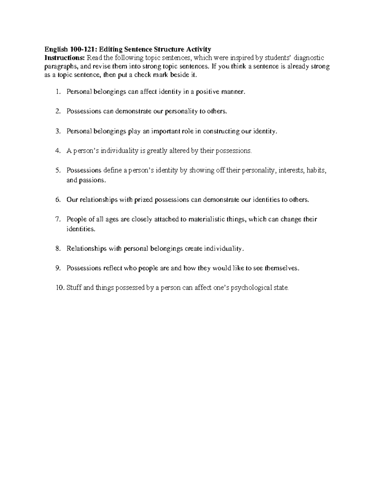 Revising Topic Sentences English 100 - English 100-121: Editing ...