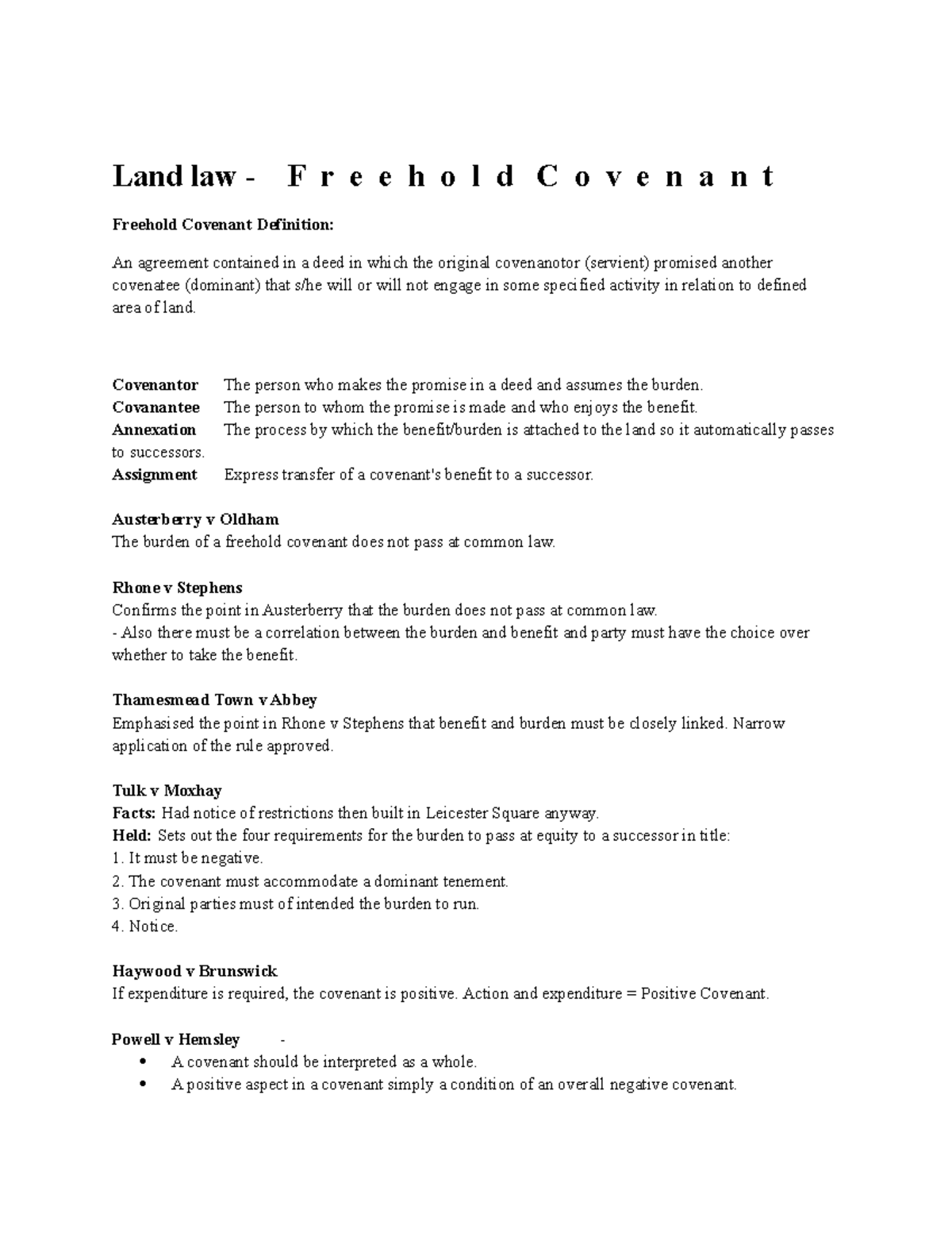Freehold Covenant Definition - Land law - F r e e h o l d C o v e n a n ...