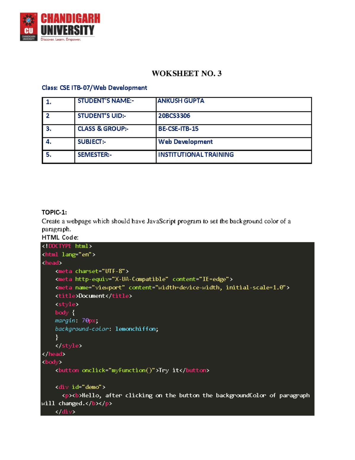 (20BCS3306) WD Worksheet-3 jsjdjdd - WOKSHEET NO. 3 Class: CSE ITB-07 ...