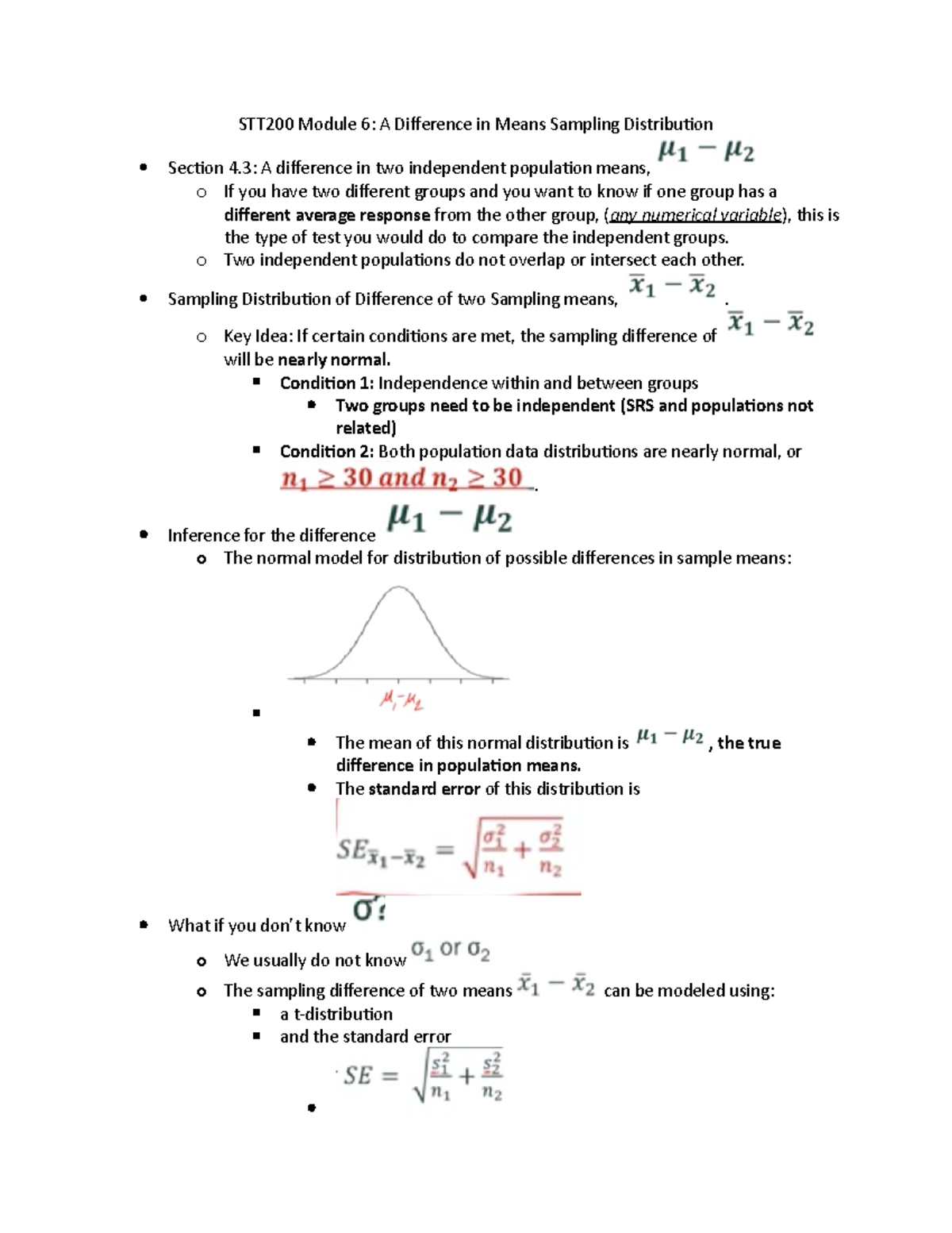 STT200 A Difference in Means Sampling Distribution - STT200 Module 6: A ...