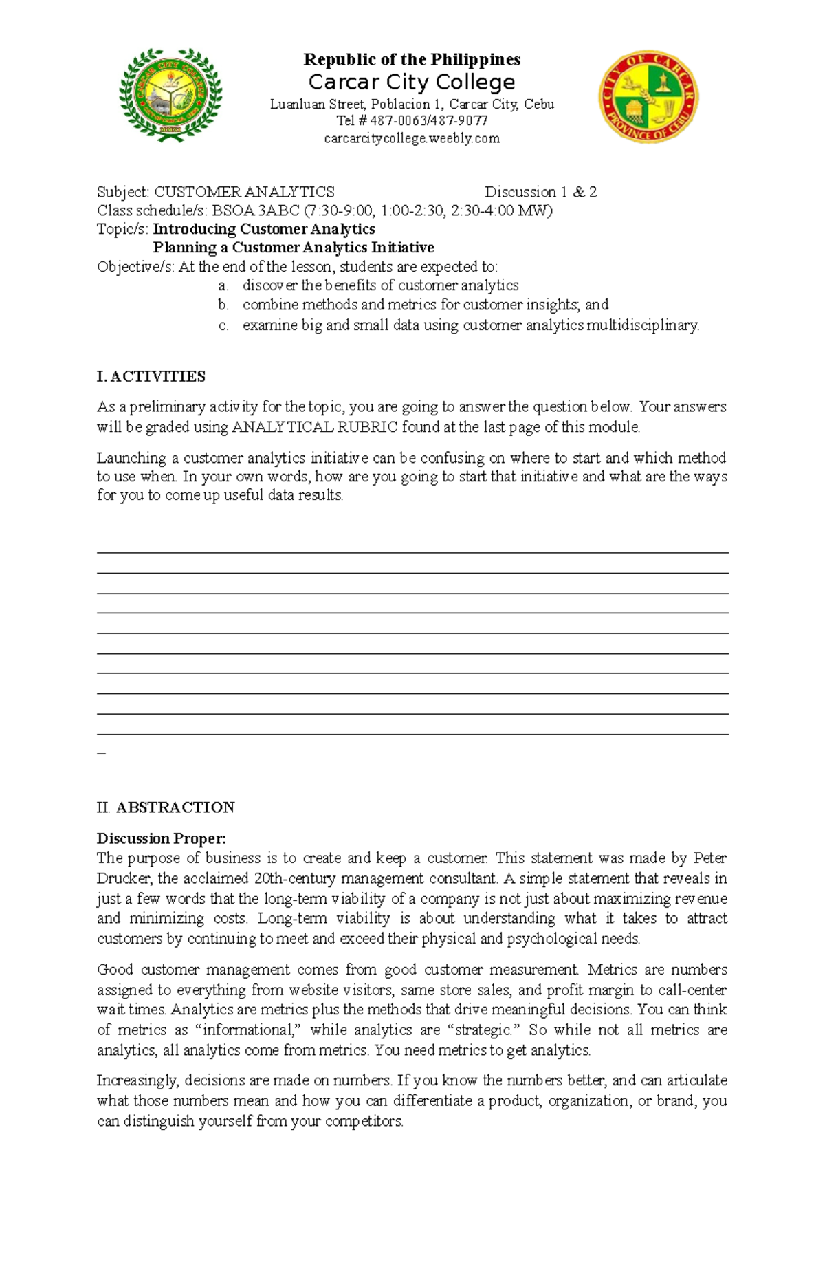 Customer Analytics Module 1 2 Carcar City College Luanluan Street Poblacion 1 Carcar City customer-analytics-module-1-2-carcar-city-college-luanluan-street-poblacion-1-carcar-city