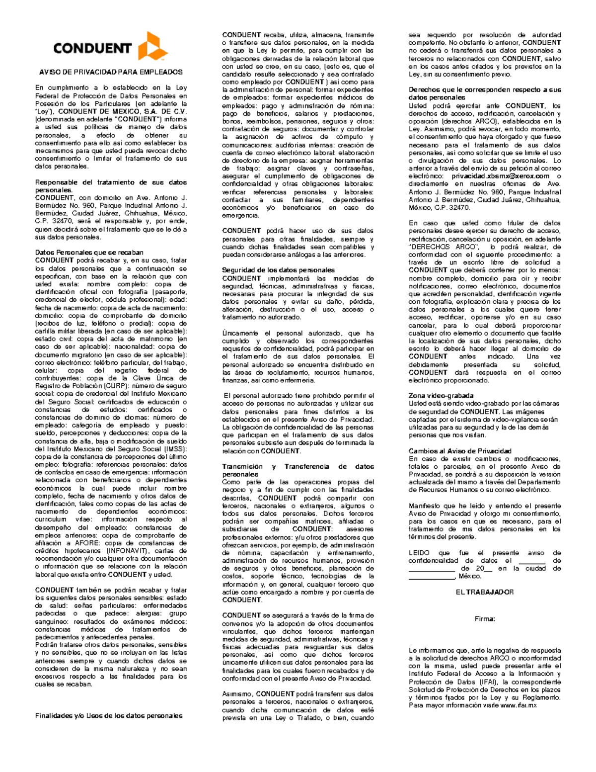 Conduent New Hire Forms - AVISO DE PRIVACIDAD PARA EMPLEADOS En ...