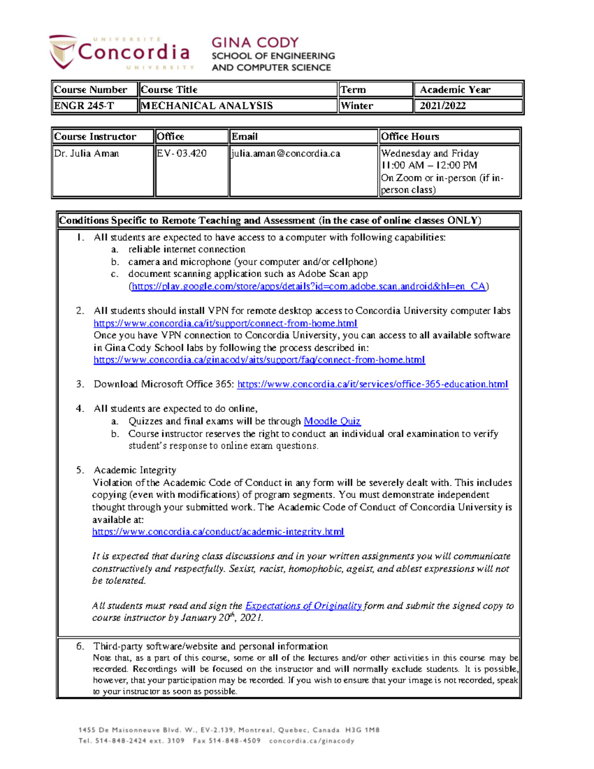 Course Outline ENGR245-T-Revised with Prof Julia Aman - Course Number ...