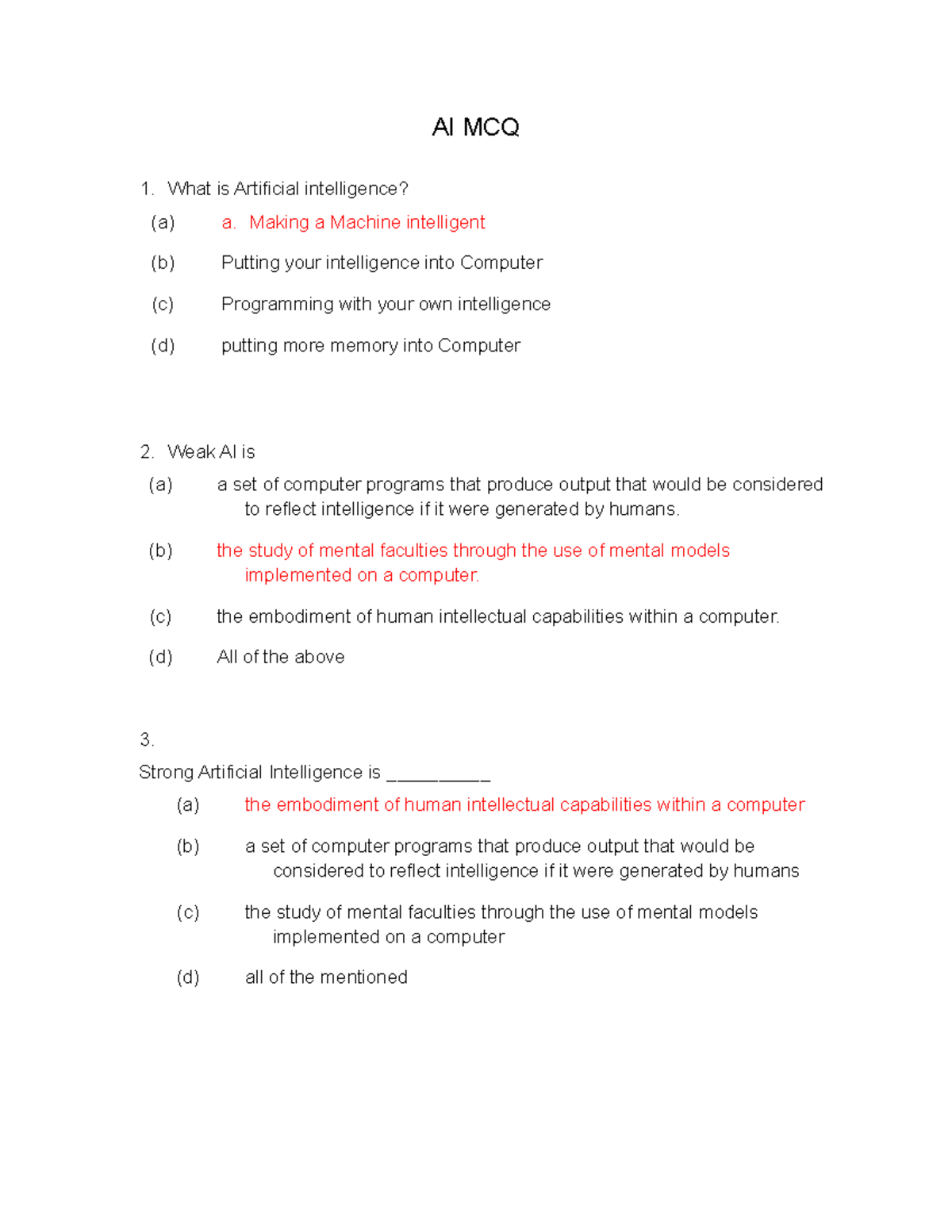 Artificial Intelligence - AI MCQ What is Artificial intelligence? (a) a ...