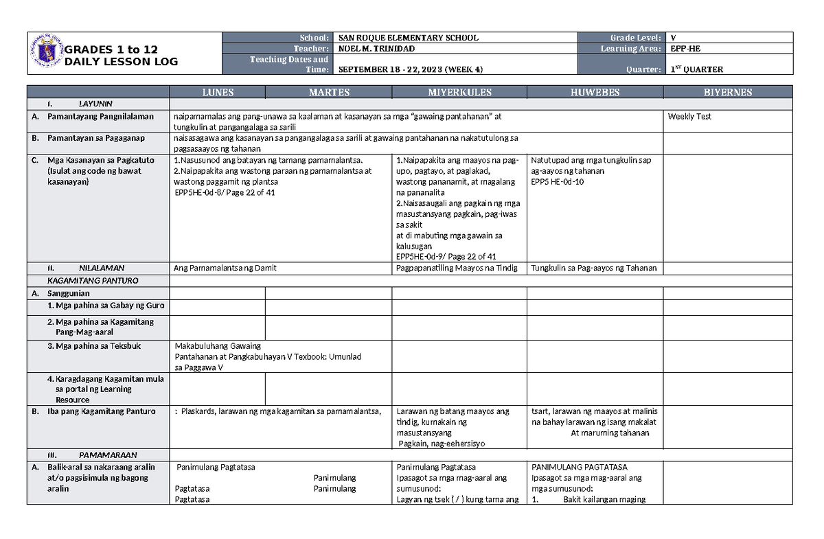 DLL EPP 5 Q1 W4 - GRADES 1 to 12 DAILY LESSON LOG School: SAN ROQUE ...