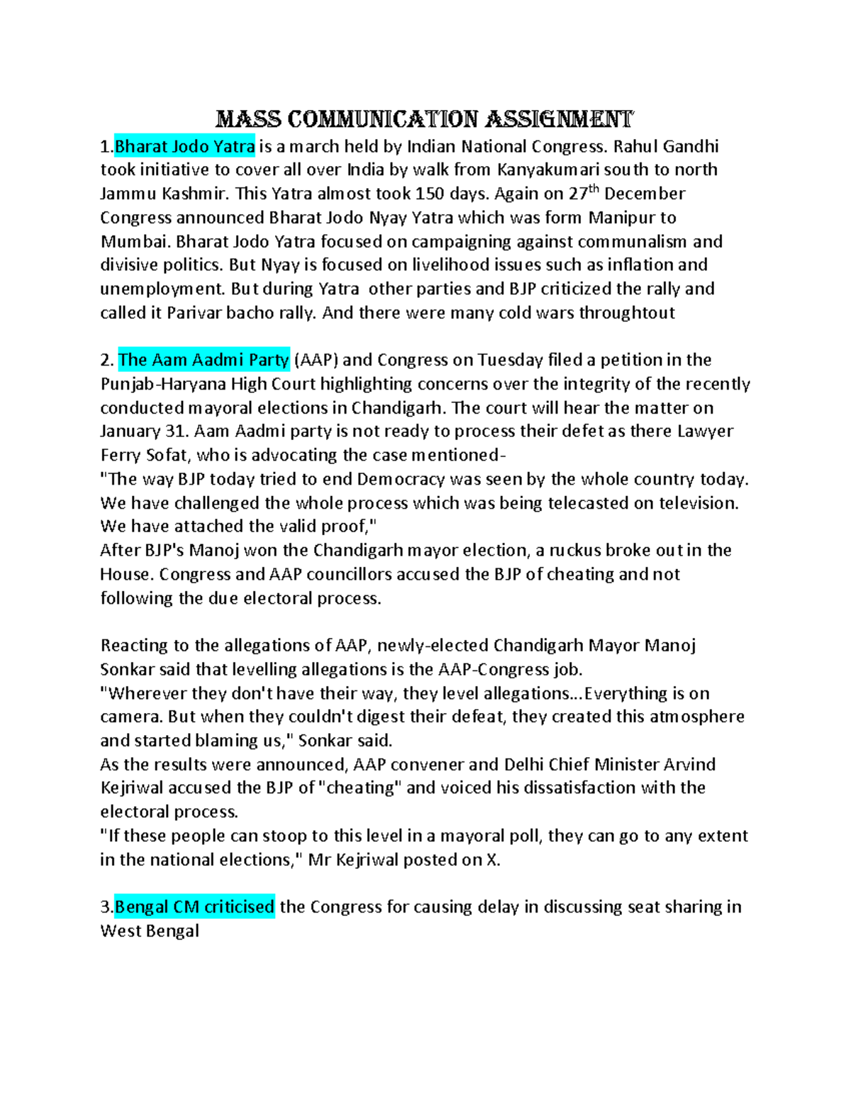 MASS Communication Assignment (1000) - MASS COMMUNICATION ASSIGNMENT 1 .Bharat Jodo Yatra is a ...