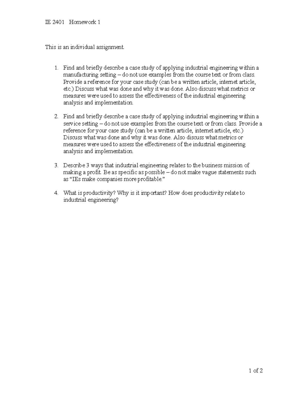 Work Prod HW 1 - Dr. Shivchek - IE 2401 Homework 1 1 of 2 This is an ...