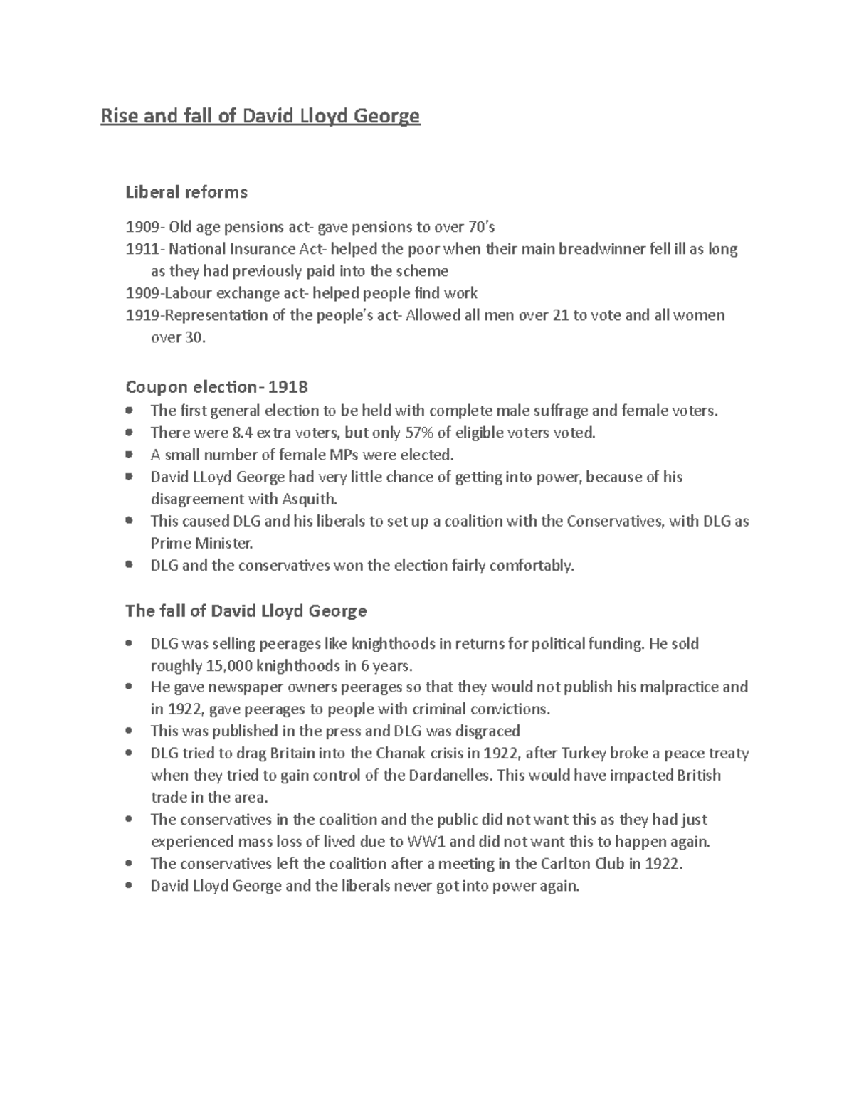 Rise and fall of David Lloyd George notes - Rise and fall of David ...