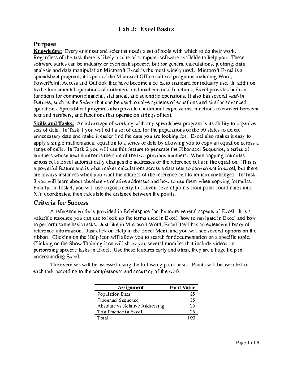 3 Lab 3 Excel Basics Exercises - Lab 3: Excel Basics Purpose Knowledge: Every engineer and ...