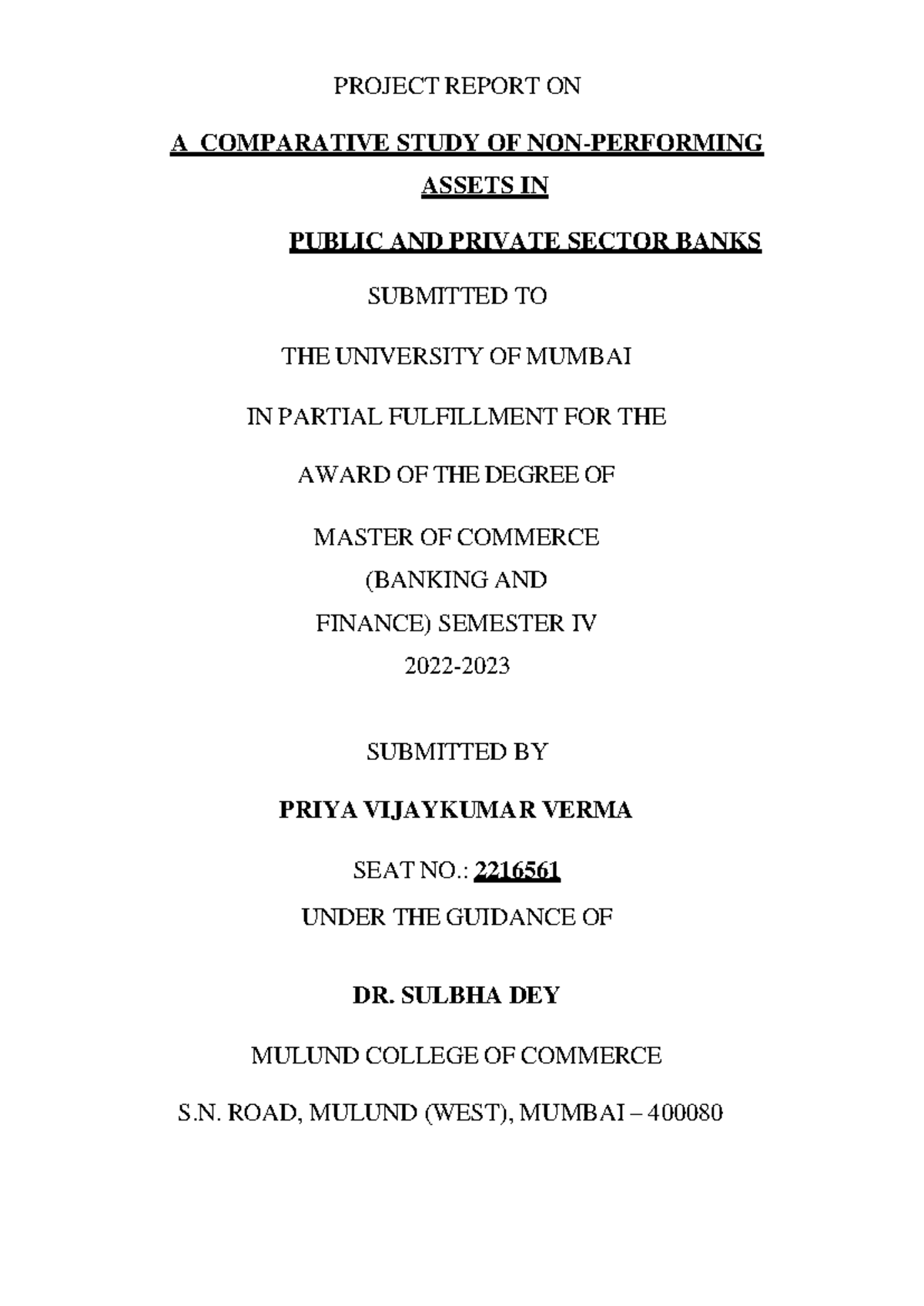 2216561 priya Vijaykumar verma M.Com BF Sem4 april 2023 - PROJECT REPORT ON A COMPARATIVE STUDY ...