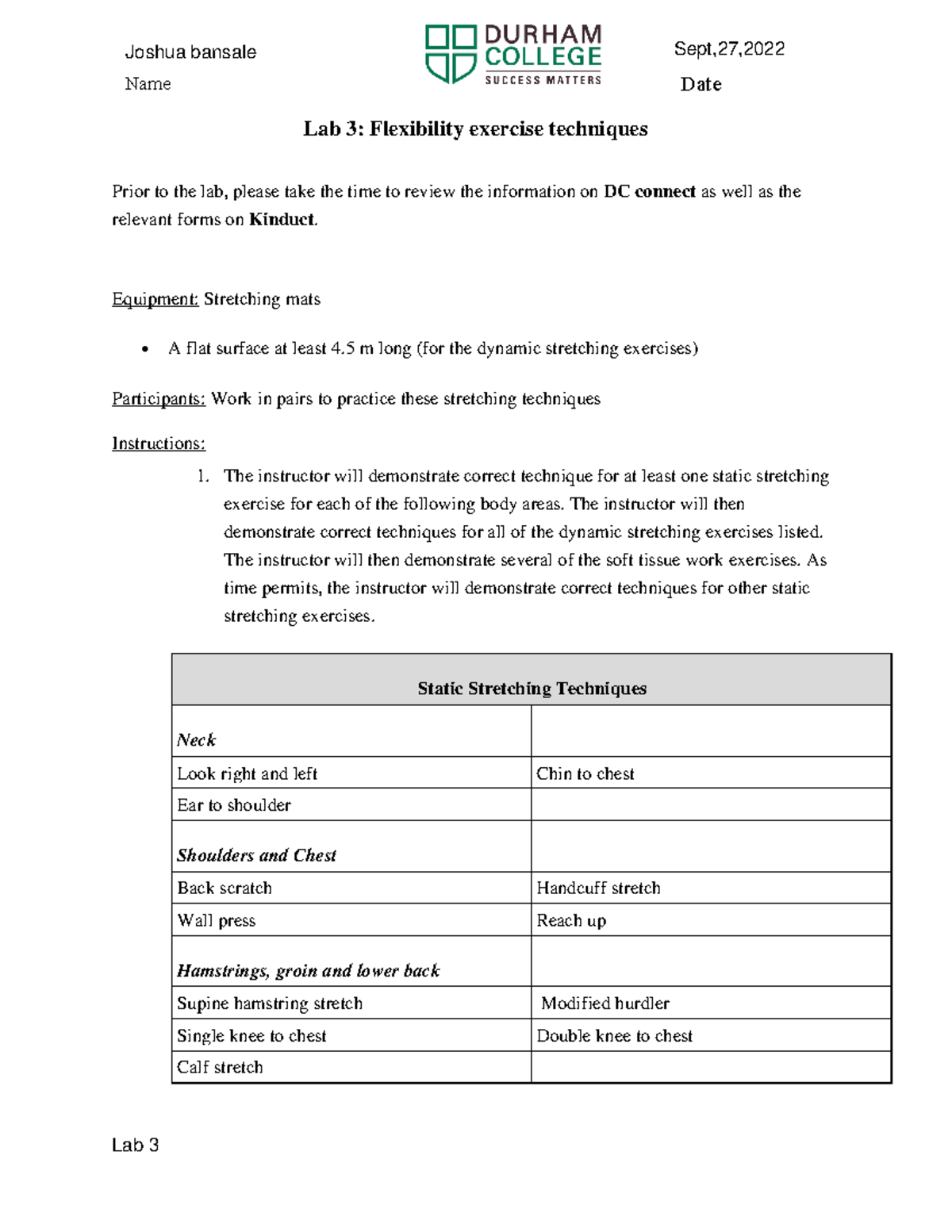 Lab 3 Flexibility techniques Final - Lab 3: Flexibility exercise ...