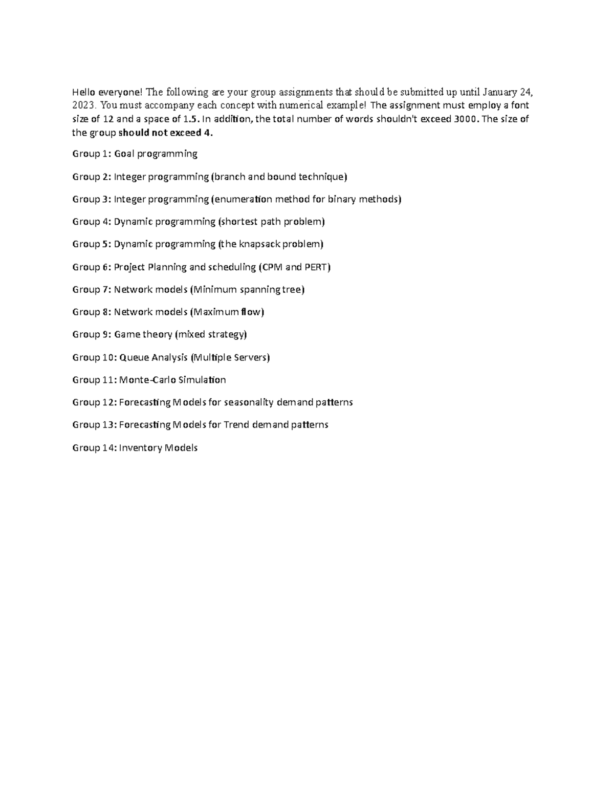 OR Group assignment - Hello everyone! The following are your group ...