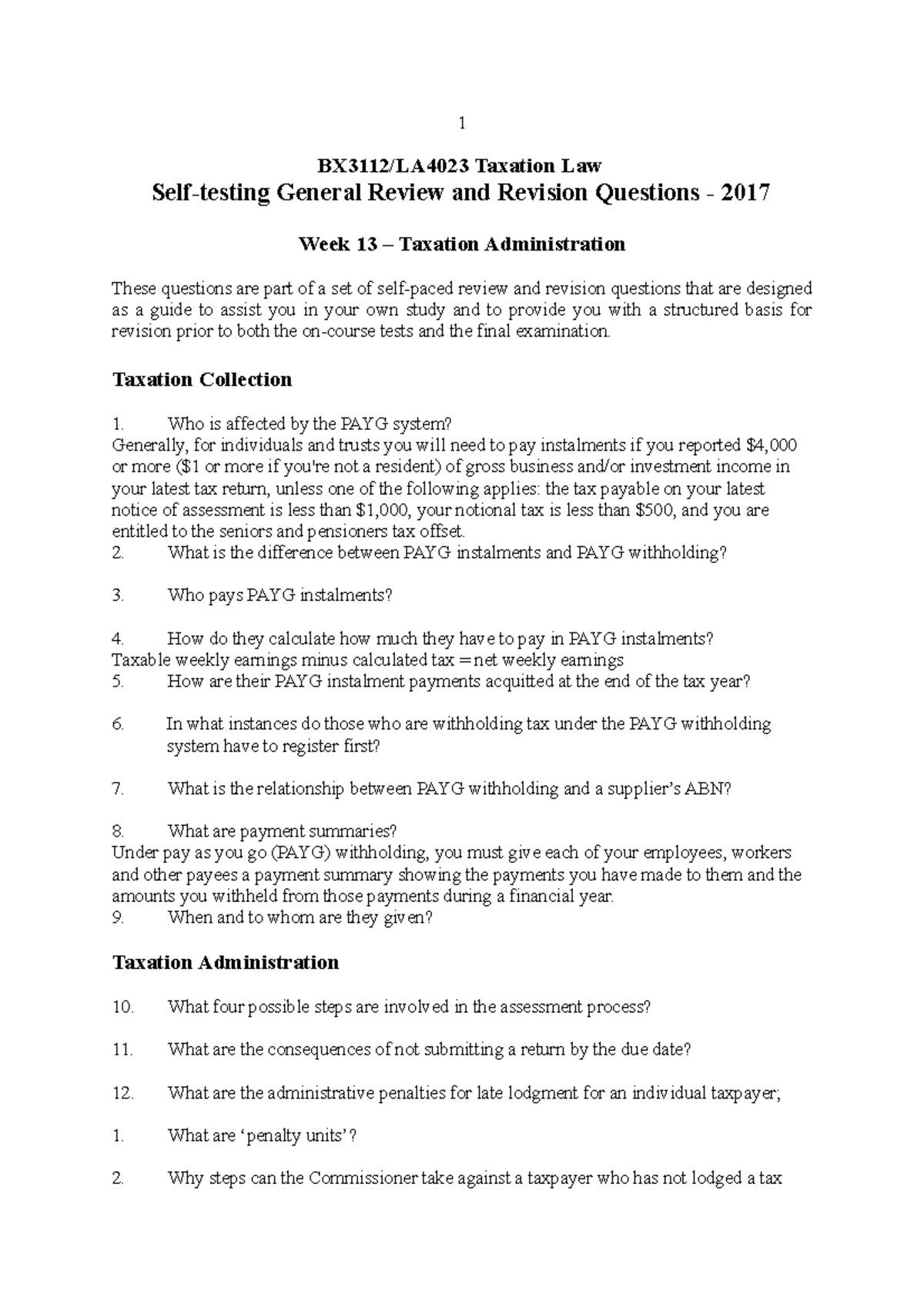 Review Questions 7 - Tax Admin and Part IVA - BX3112/LA4023 Taxation ...