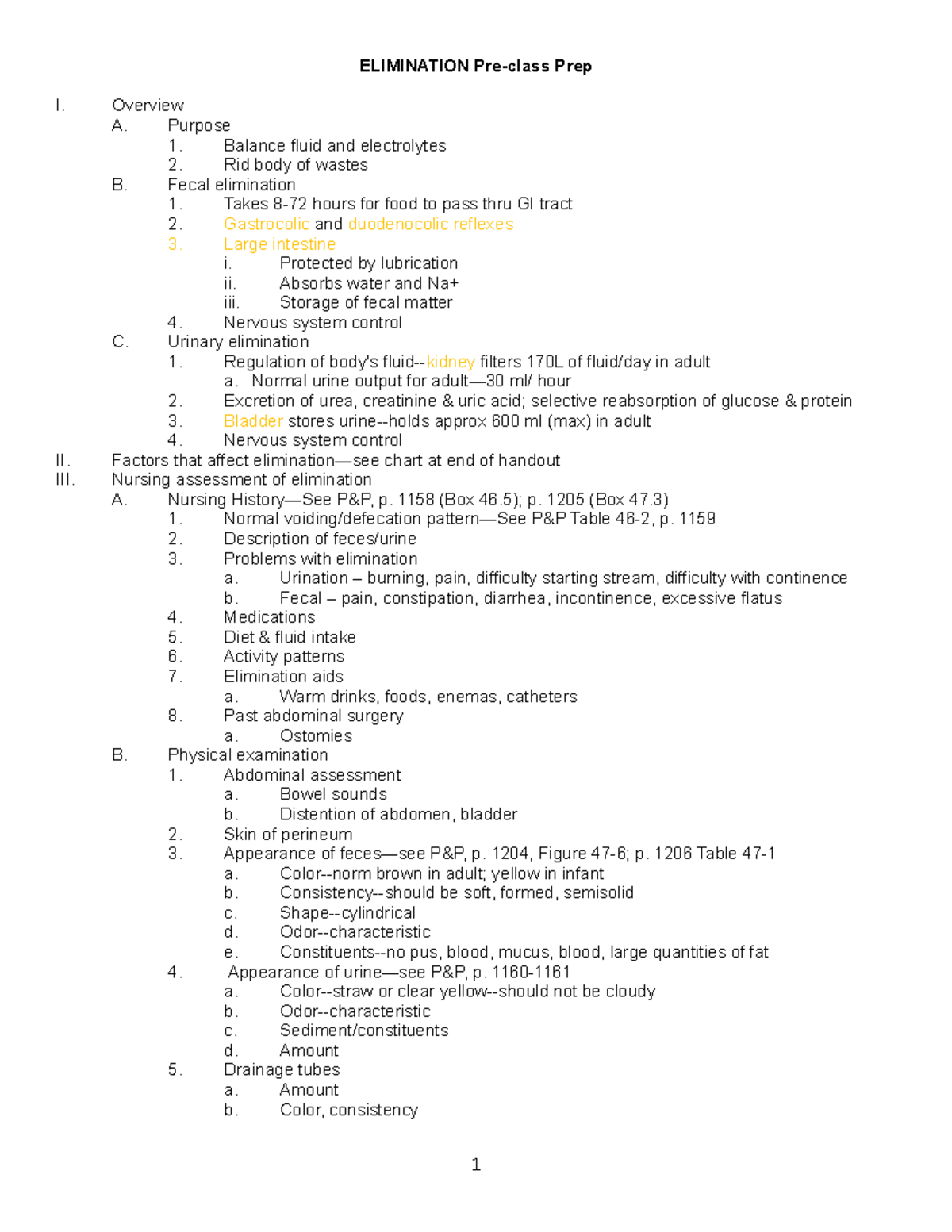 Elimination Notes - ELIMINATION Pre-class Prep I. Overview A. Purpose 1 ...