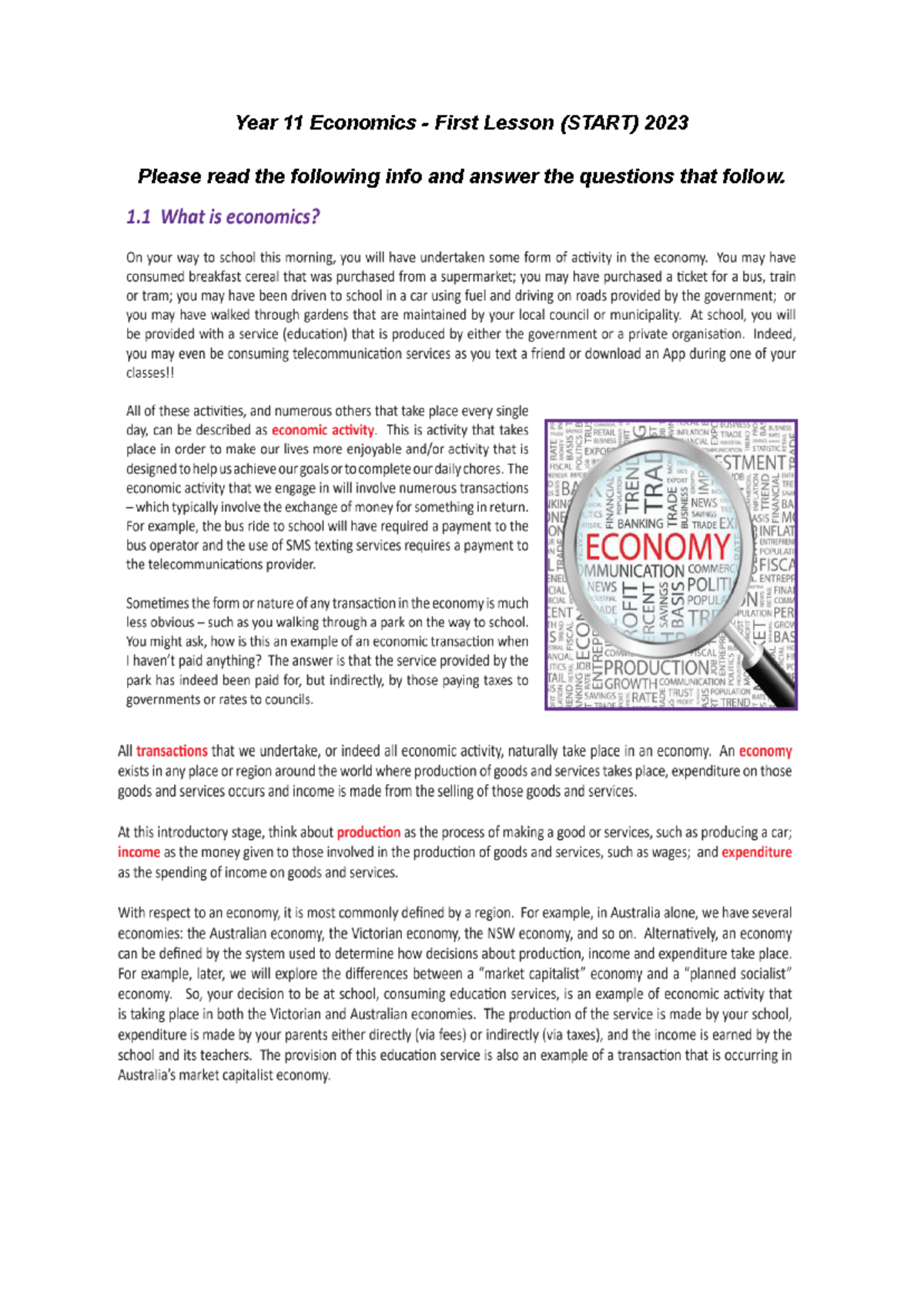 Year 11 Economics - First Lesson ( Start) 2023 - BUS1007 - Year 11 ...