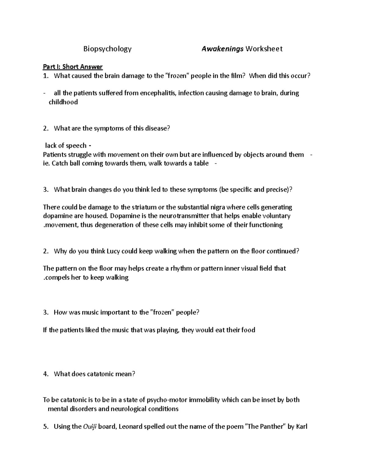Biopsychology Bucknell- Awakenings Worksheet - Biopsychology Awakenings ...