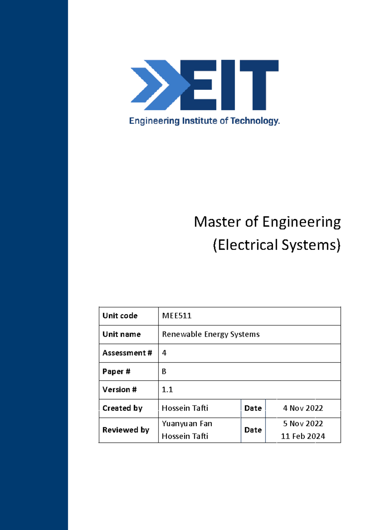 MEE511 Assessment 4 Paper B v1 - Master of Engineering (Electrical ...