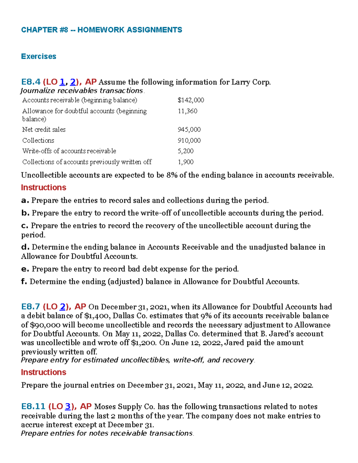 TEXT Assignments - Chapter #8 - CHAPTER #8 - HOMEWORK ASSIGNMENTS Exercises E8 (LO 1 , 2 ), AP ...