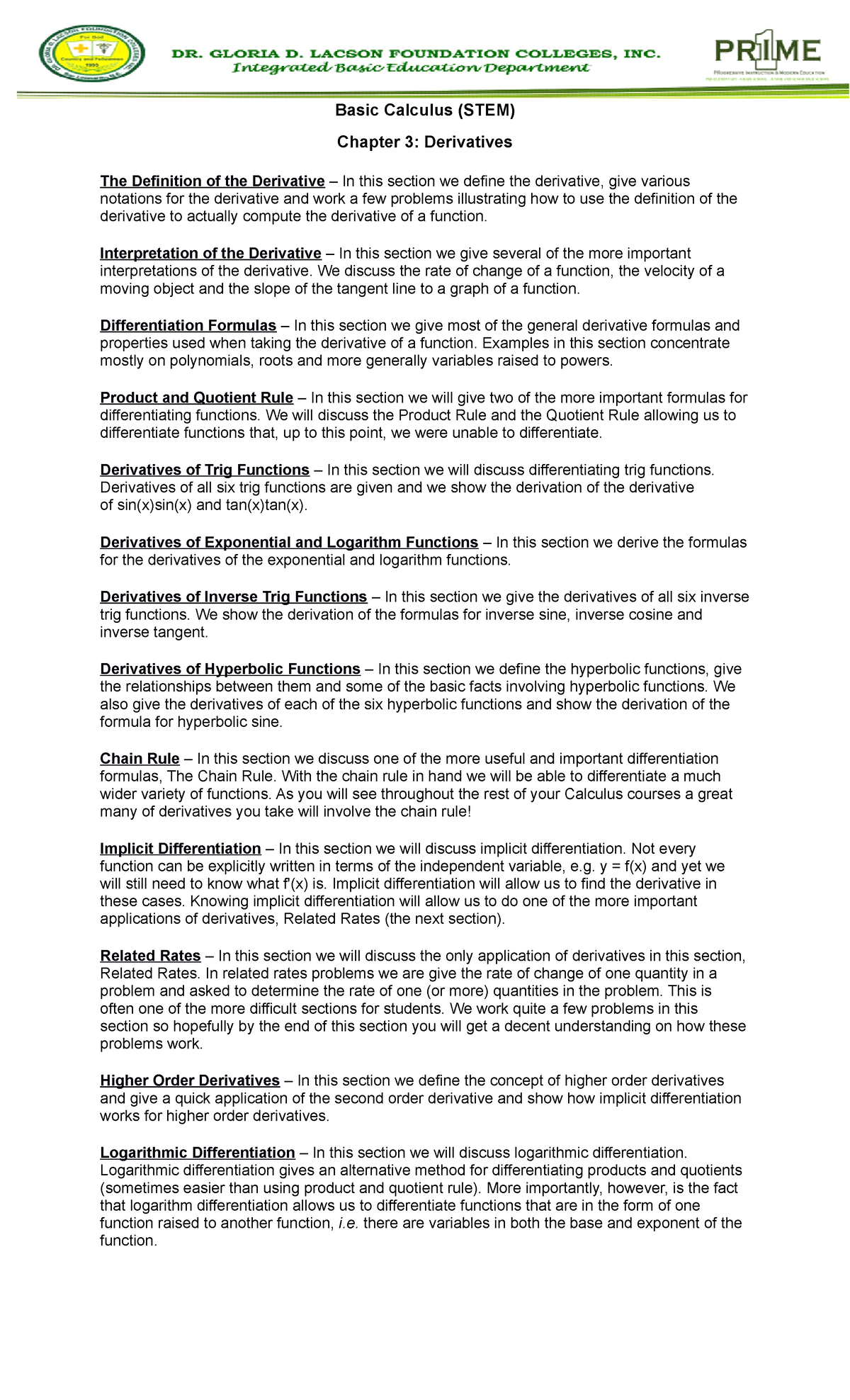 Basic Calculus Module Week 7 - Basic Calculus (STEM) Chapter 3: Derivatives The Definition of ...