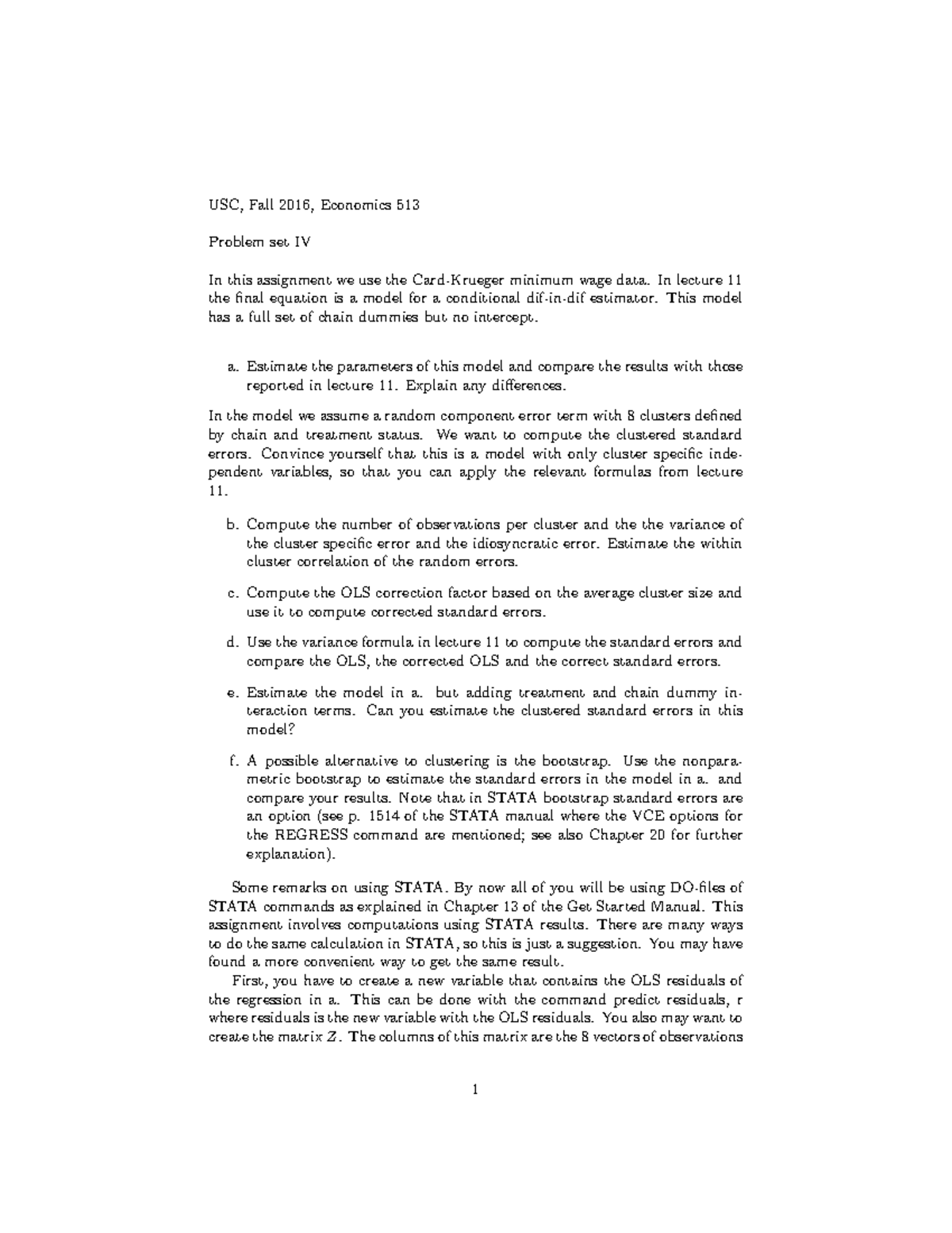 Assignment 4-USC - Econometrics - USC, Fall 2016, Economics 513 Problem ...