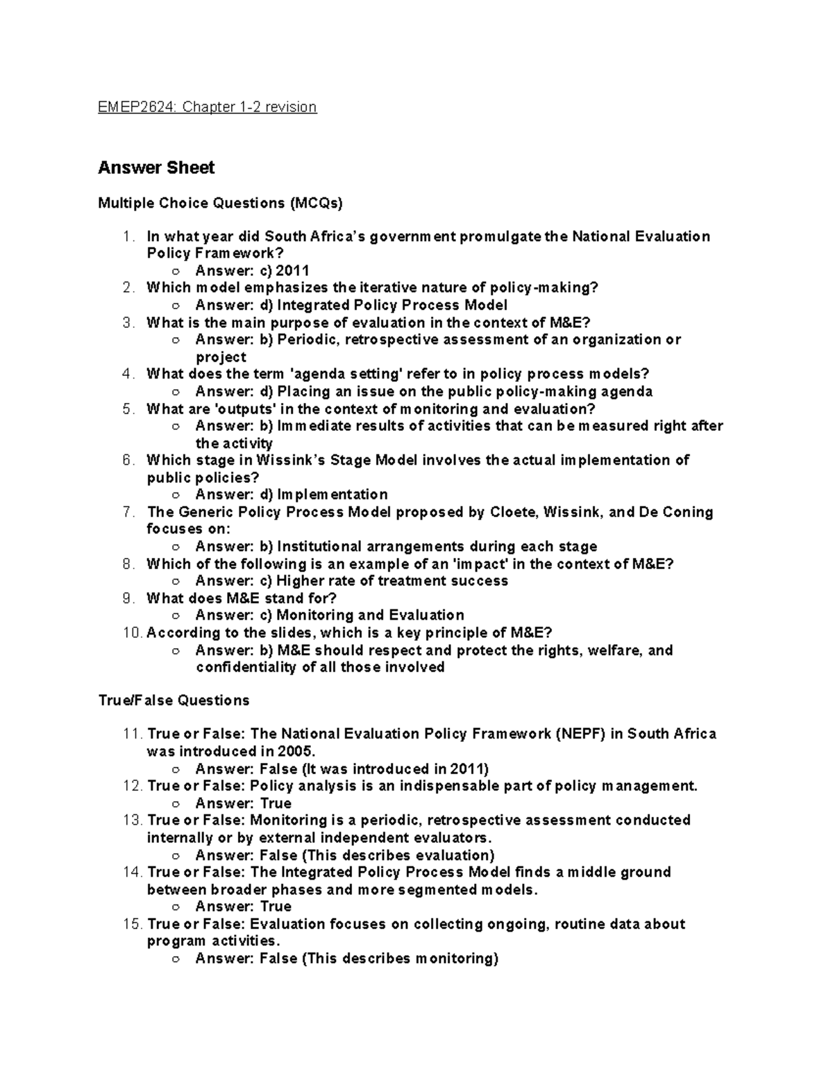EMEP2624 Chapter 1-2 anser sheet - EMEP2624: Chapter 1-2 revision ...