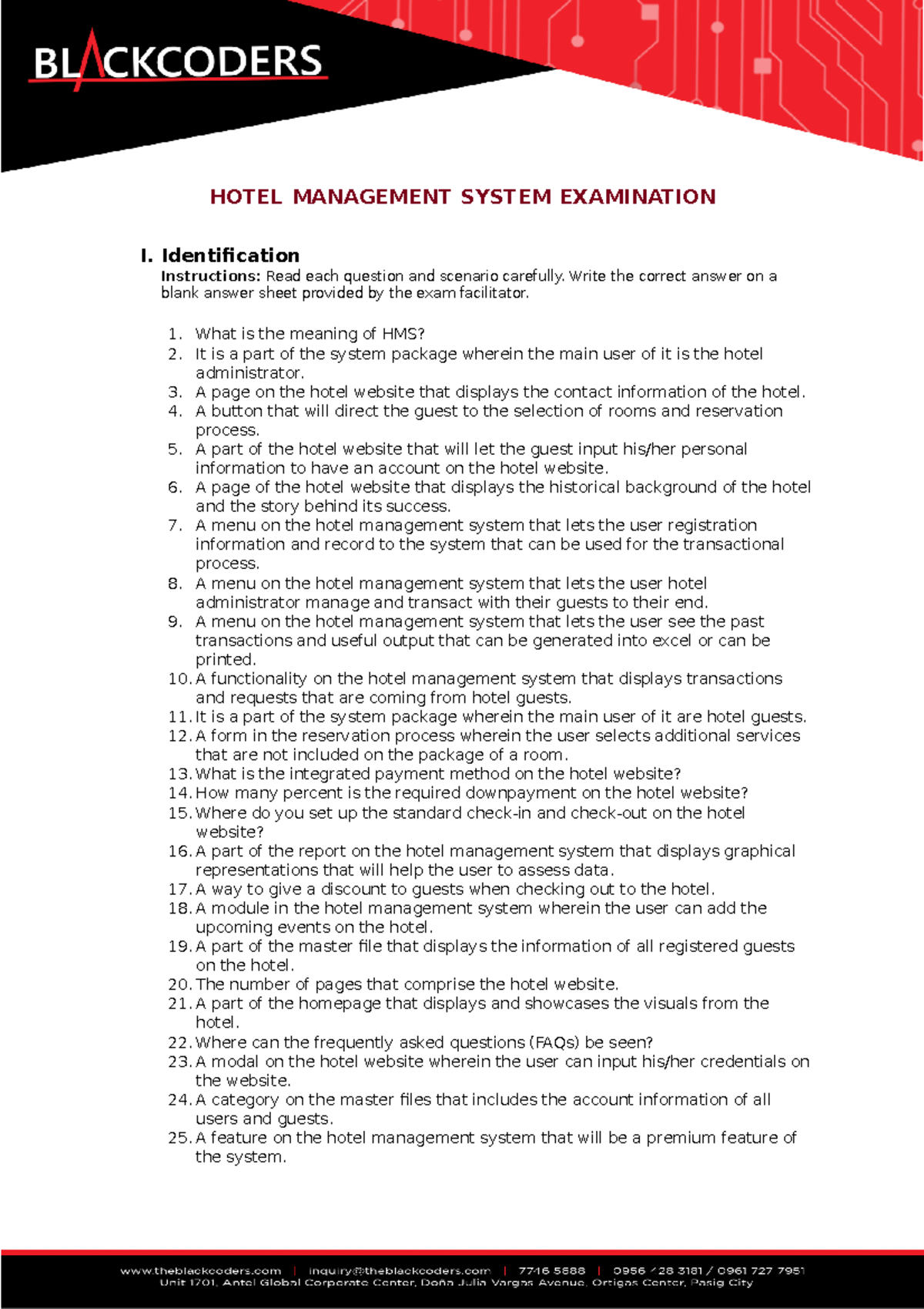 [Exam] Hotel Management System - HOTEL MANAGEMENT SYSTEM EXAMINATION I ...