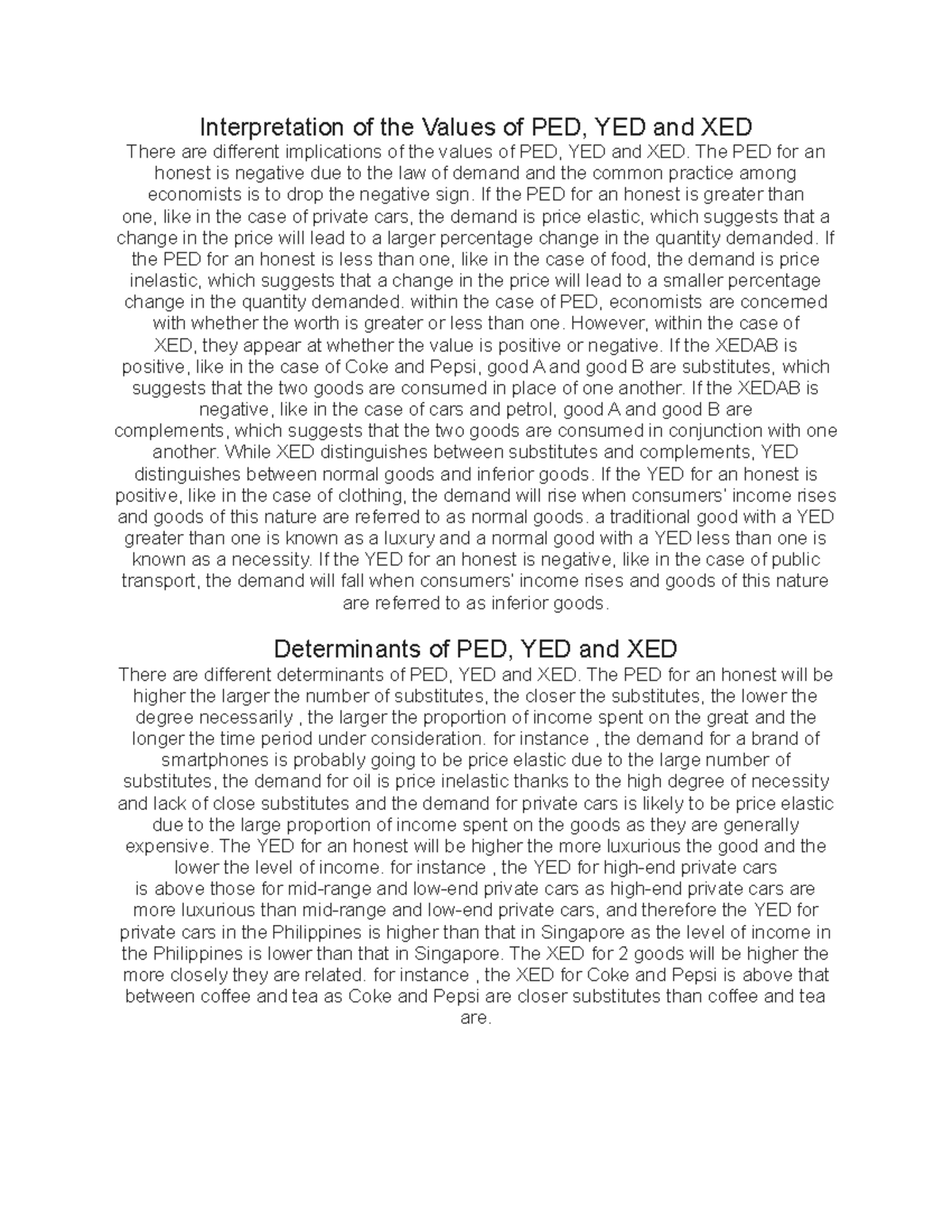 Interpretation of the Values of PED, YED and XED - The PED for an ...