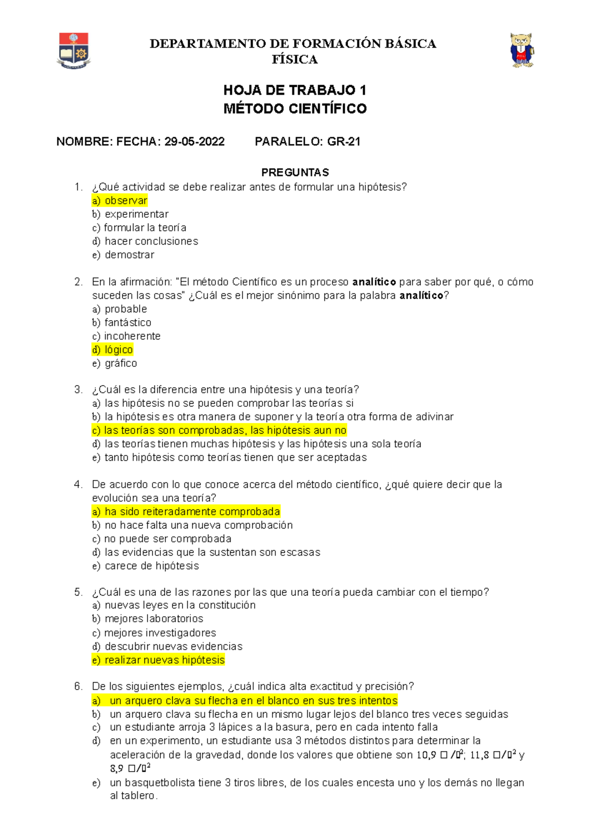 Hoja de trabajo 01 - Método científico-convertido - FÍSICA HOJA DE ...