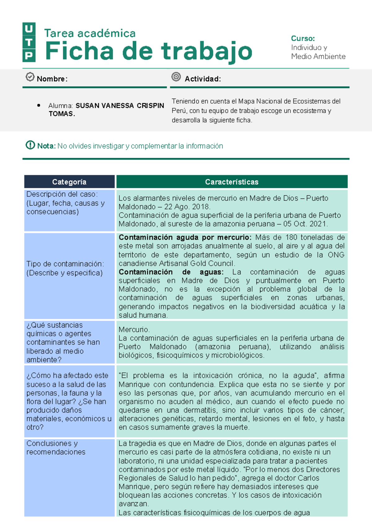 Semana 8 Ficha de trabajo Tarea S8 - Nombre: Actividad: Alumna: SUSAN ...