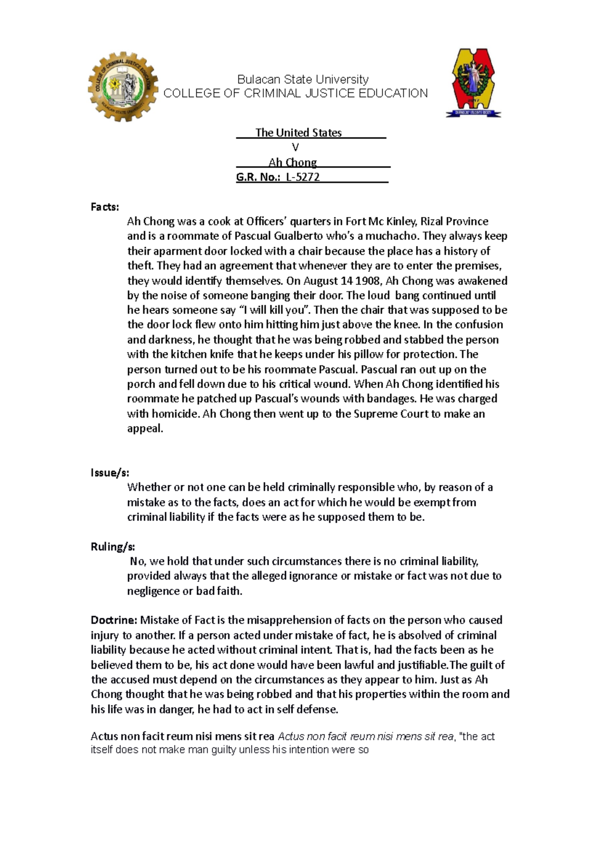 Case Digest 2 2 US V Ah Chong - Bulacan State University COLLEGE OF ...