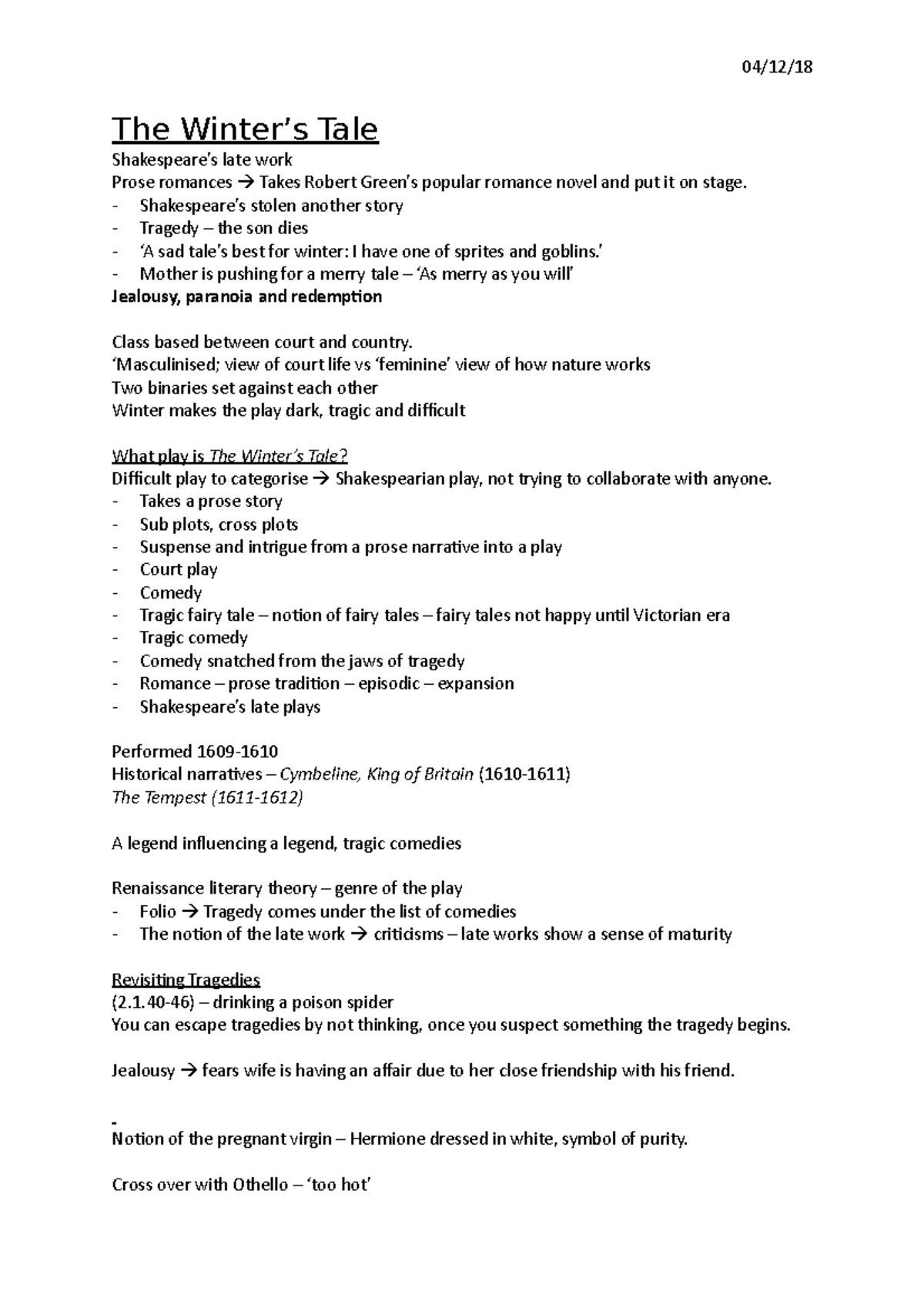 The Winter's Tale - EN1106 - 04/12/ The Winter’s Tale Shakespeare’s ...