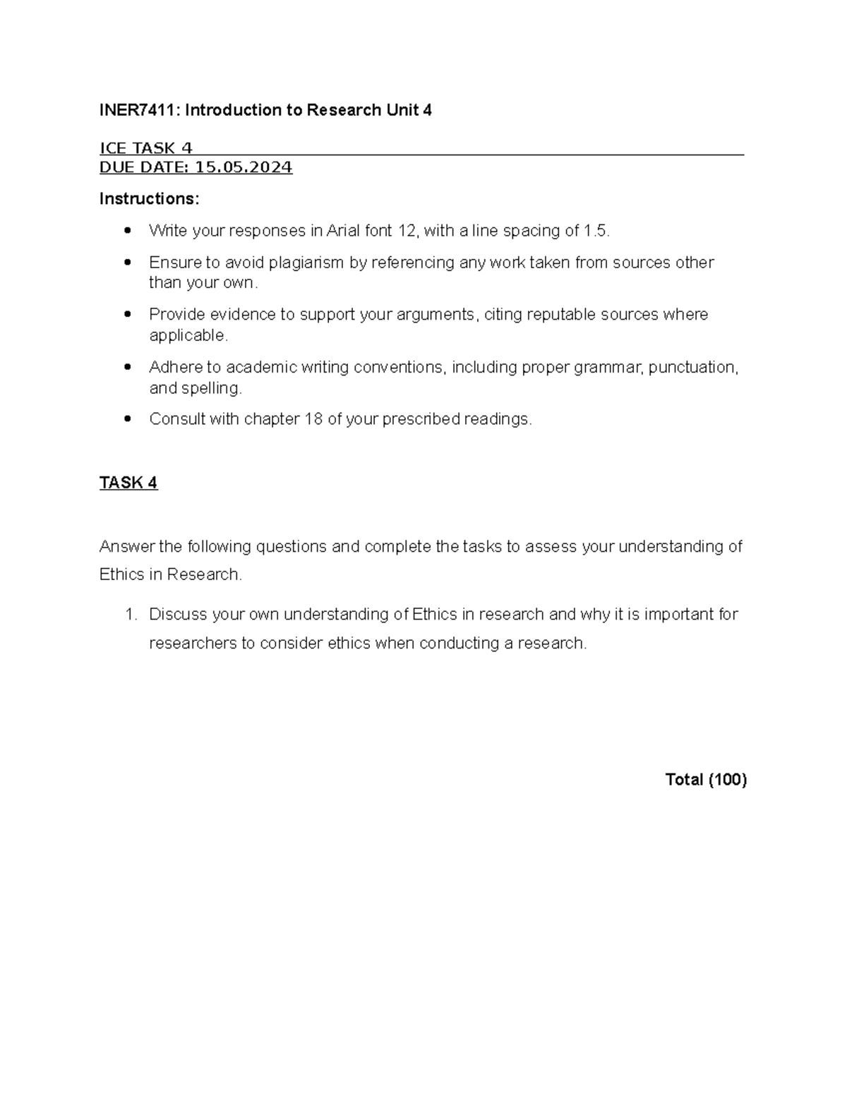 Resaerch UNIT 4 ICE TASK ethics and integrity - INER7411: Introduction to Research Unit 4 ICE ...
