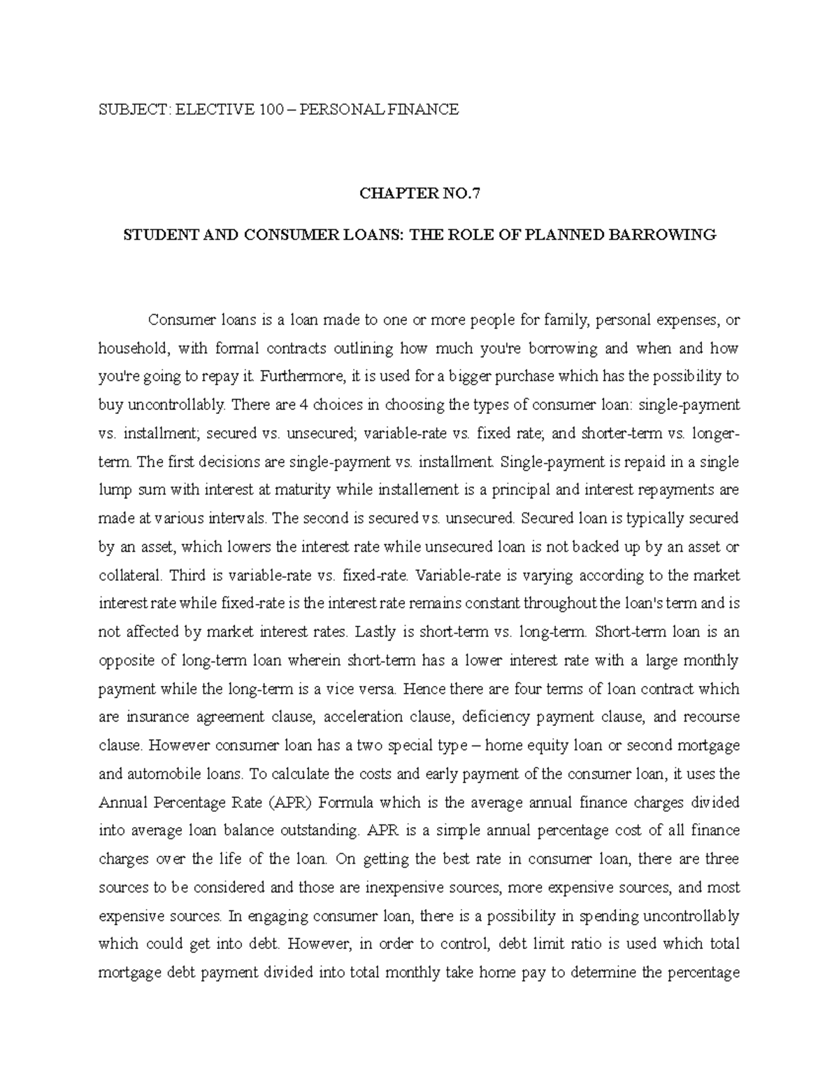 Personal Finance - SUBJECT: ELECTIVE 100 – PERSONAL FINANCE CHAPTER NO ...
