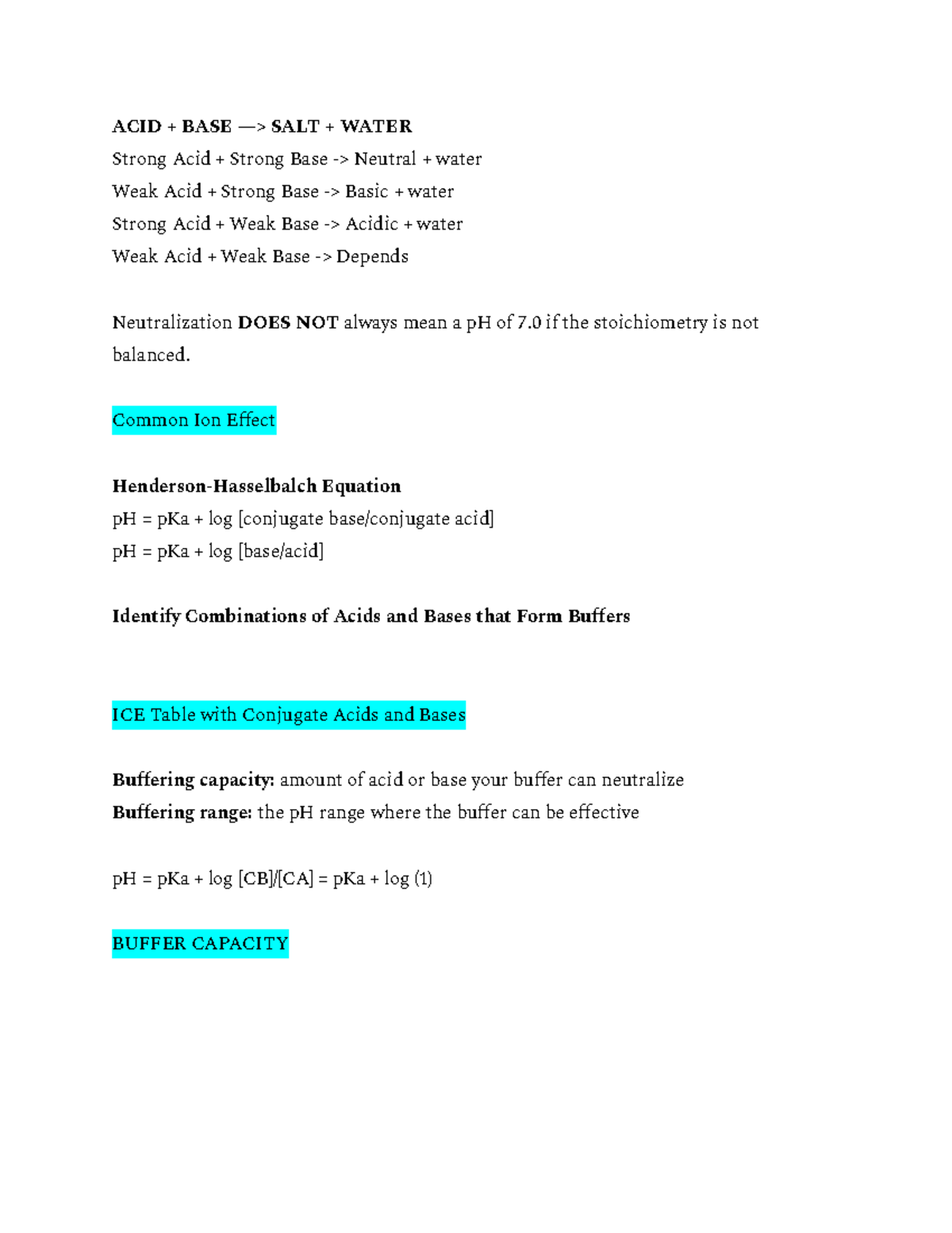 Chem notes 06 - ACID + BASE —> SALT + WATER Strong Acid + Strong Base ...