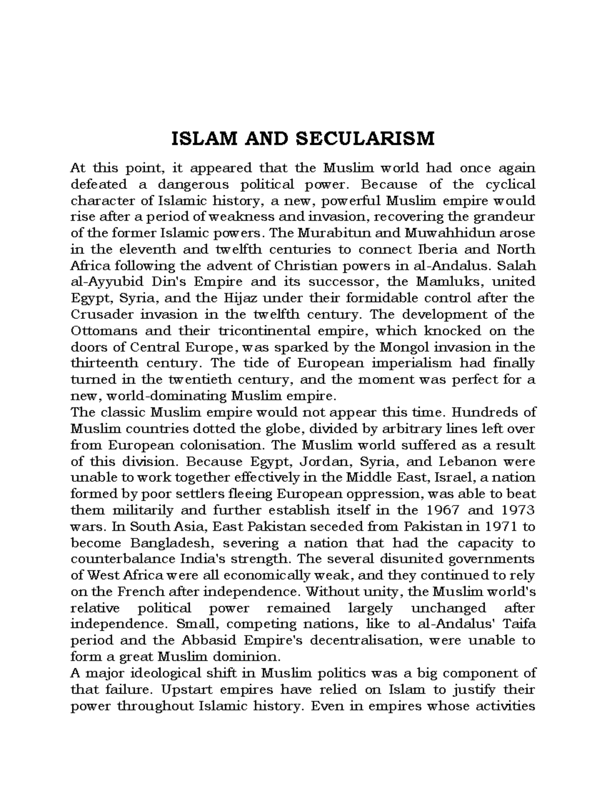 Islam and Secularism - Lecture notes 3 - ISLAM AND SECULARISM At this ...