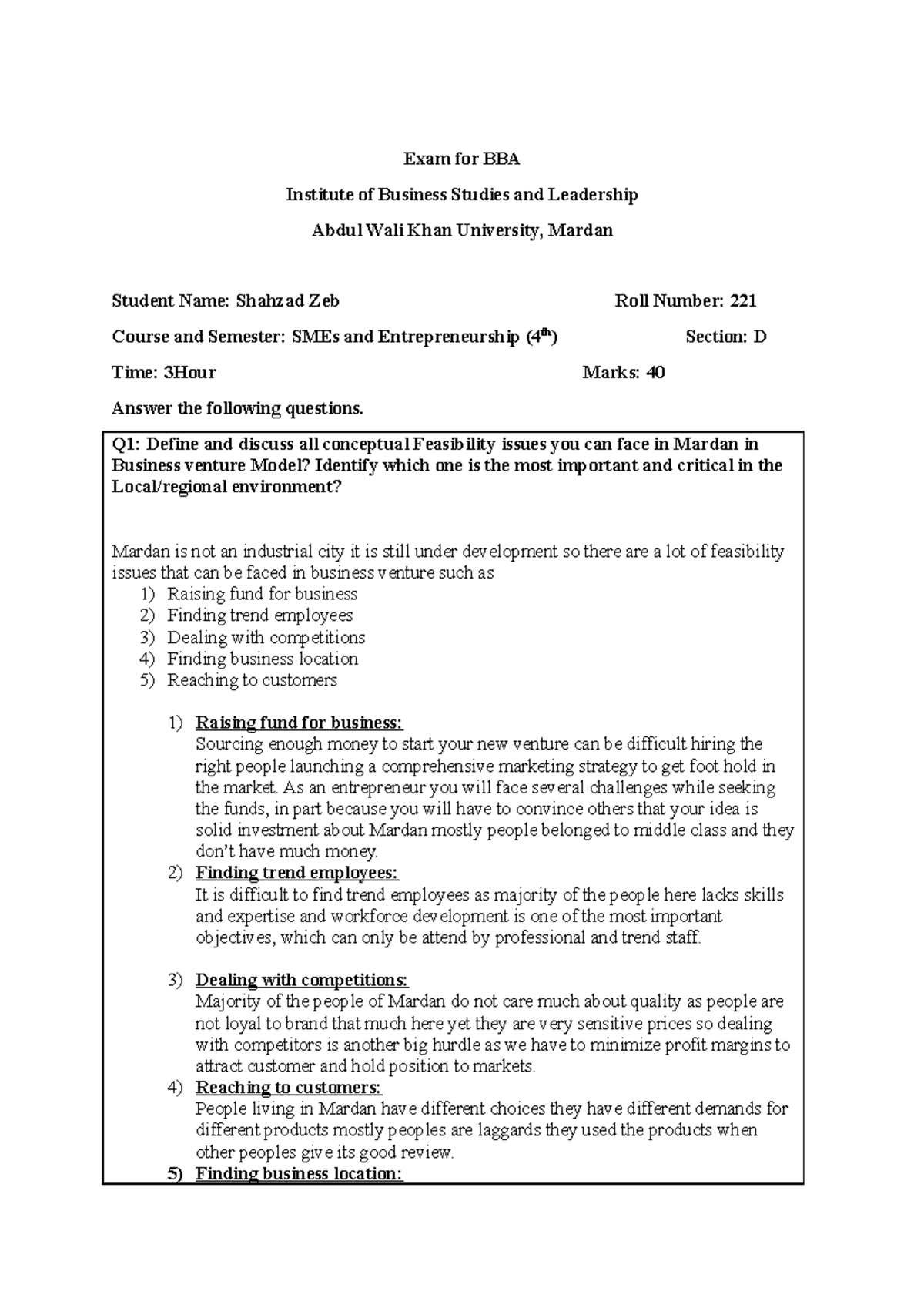 Smes and entrepreneurship Final paper - Exam for BBA Institute of ...