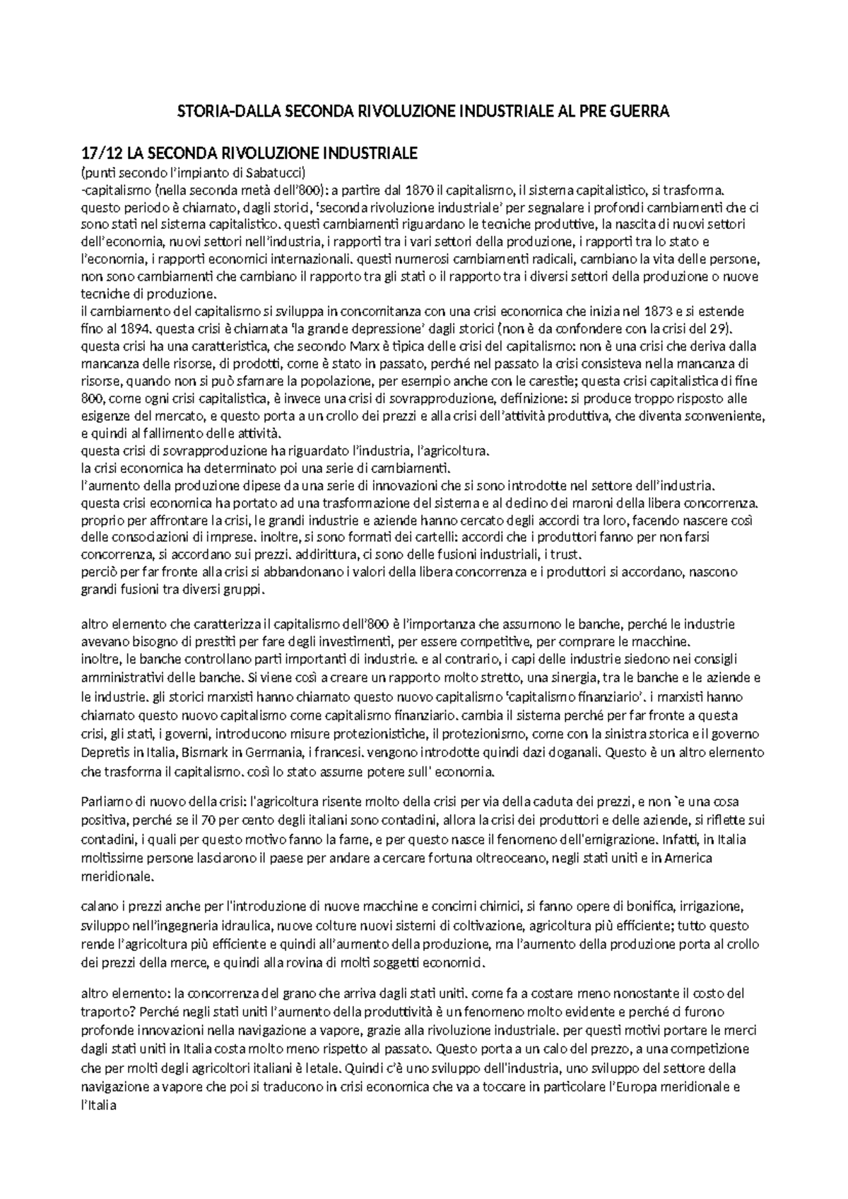 Trascrizione Storia- Dalla Seconda Rivoluzione Industriale AL PRE ...