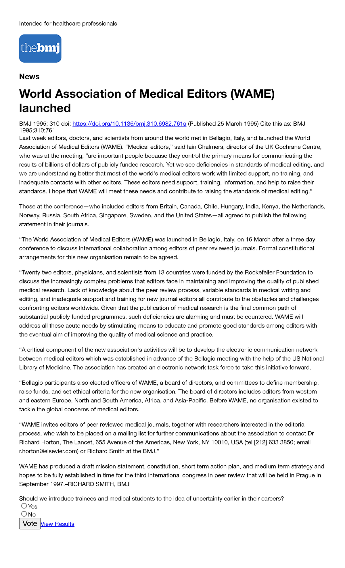 WAME launched The BMJ - covid 19 response - Intended for healthcare ...