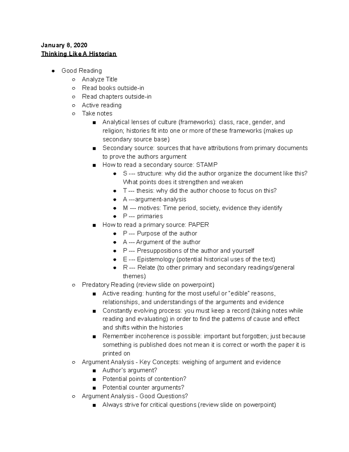 History notes - January 8, 2020 Thinking Like A Historian Good Reading ...