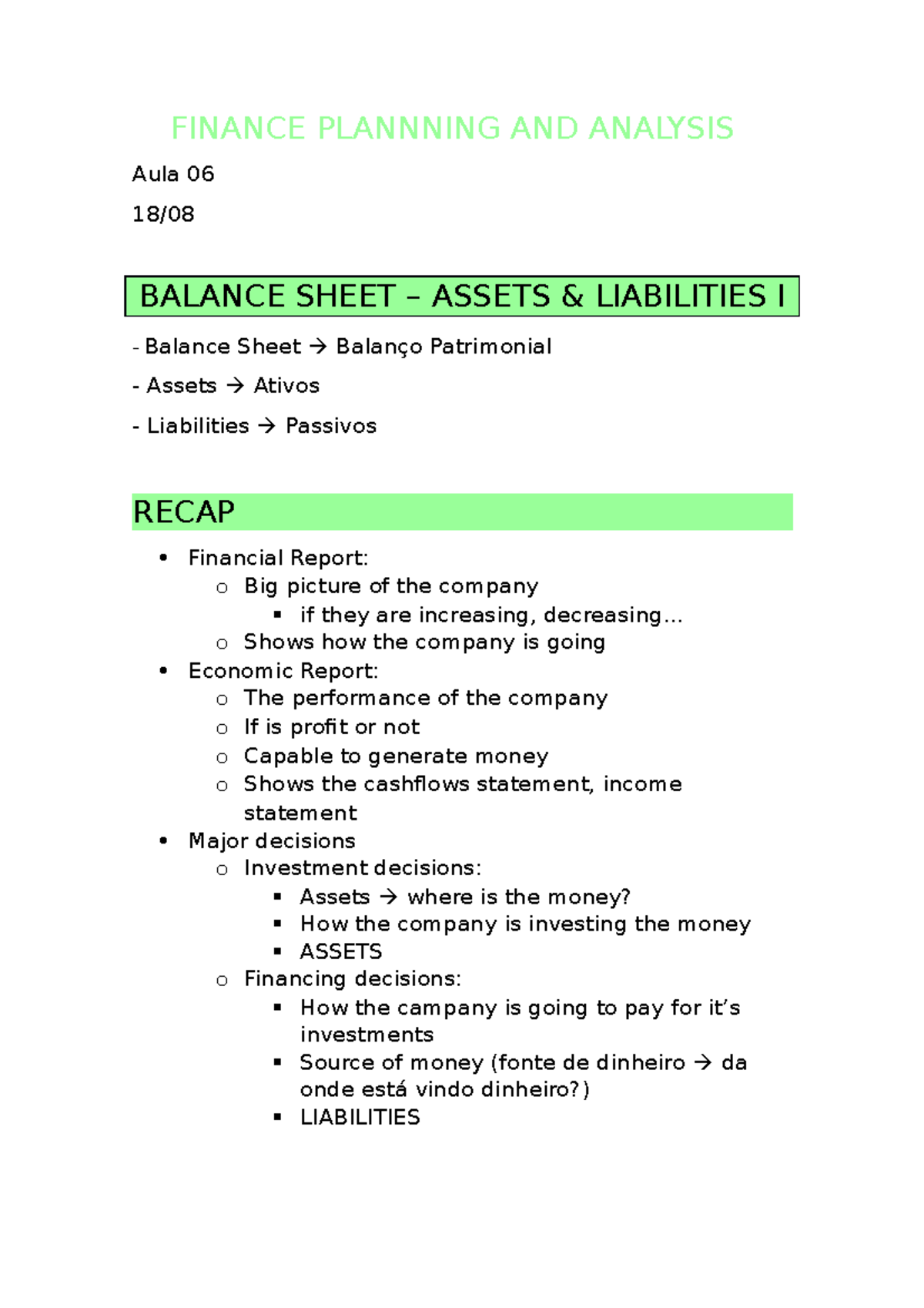 Balance sheet Assets & Liabilities - FINANCE PLANNNING AND ANALYSIS ...