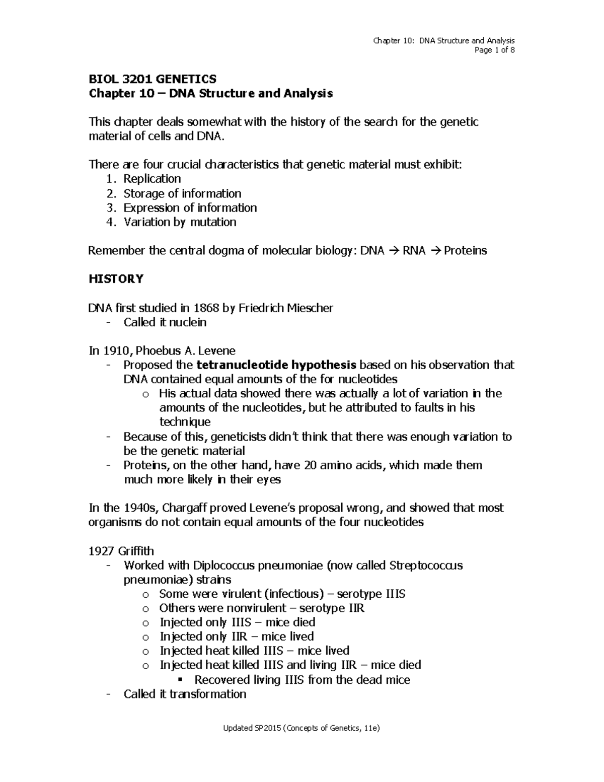 BIOL 3201 Chapter 10 - DNA Structure and Analysis - Page 1 of 8 BIOL ...